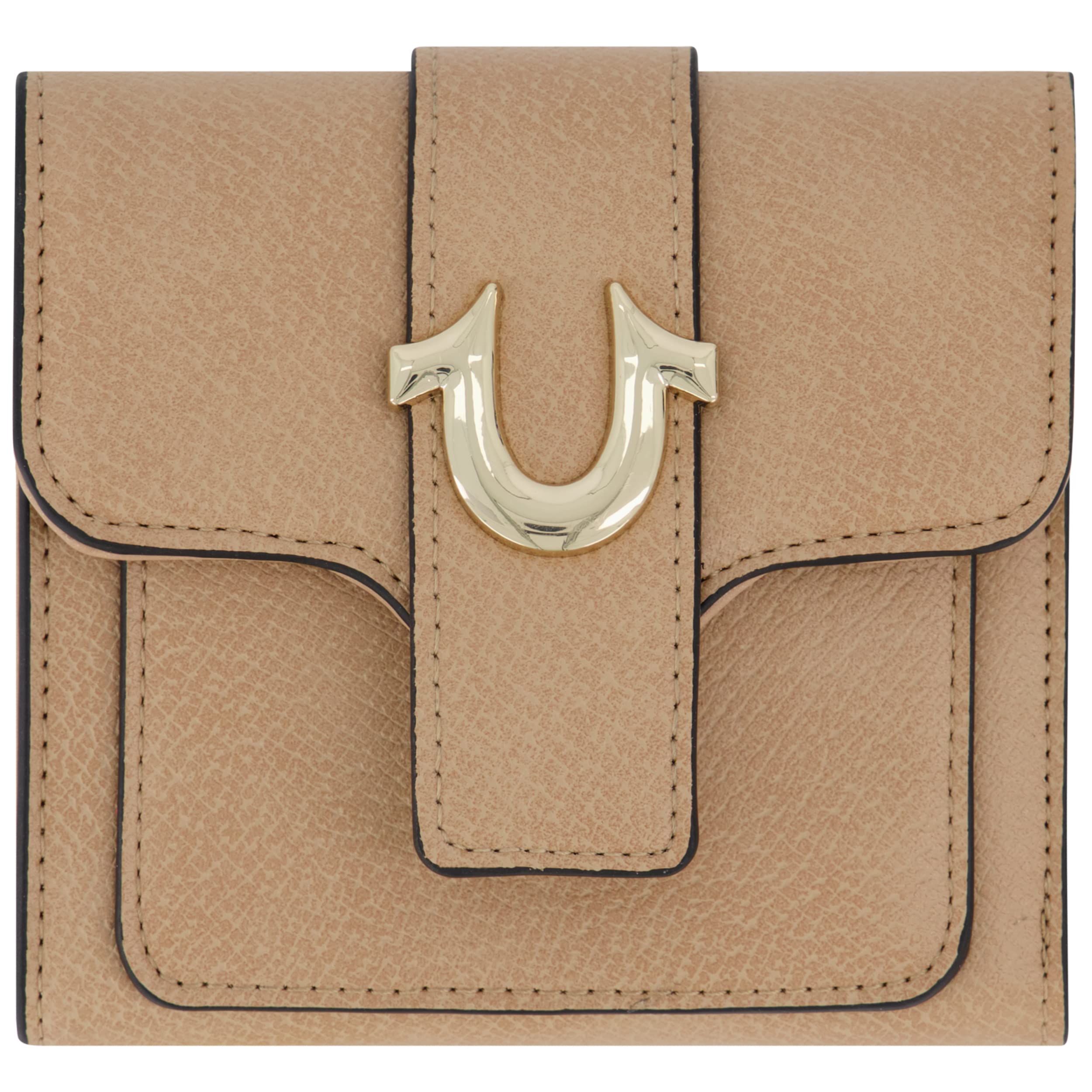 True Religion Women's Mini Wallet, Horseshoe Logo Small Compact Clutch Purse, Tan