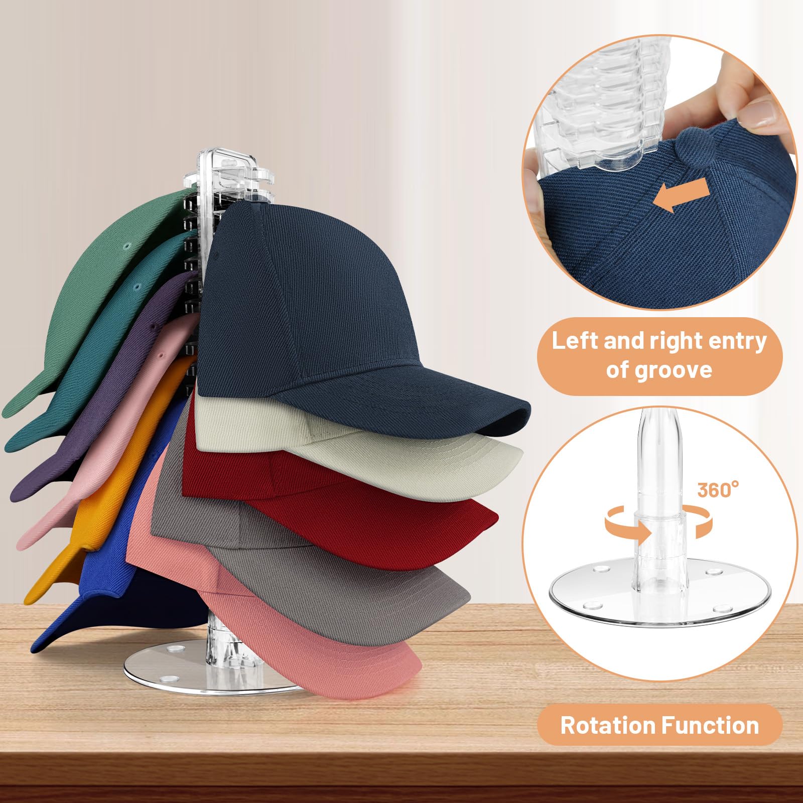 ZDDGNN Hat Stand for Baseball Caps,Hat Holder Organizer No Install Acrylic Hat Racks Display Storage for 24 Baseball Caps,Rotatable Cap Organizer Hat Racks for Bedroom, Closet, Dresser, Clear