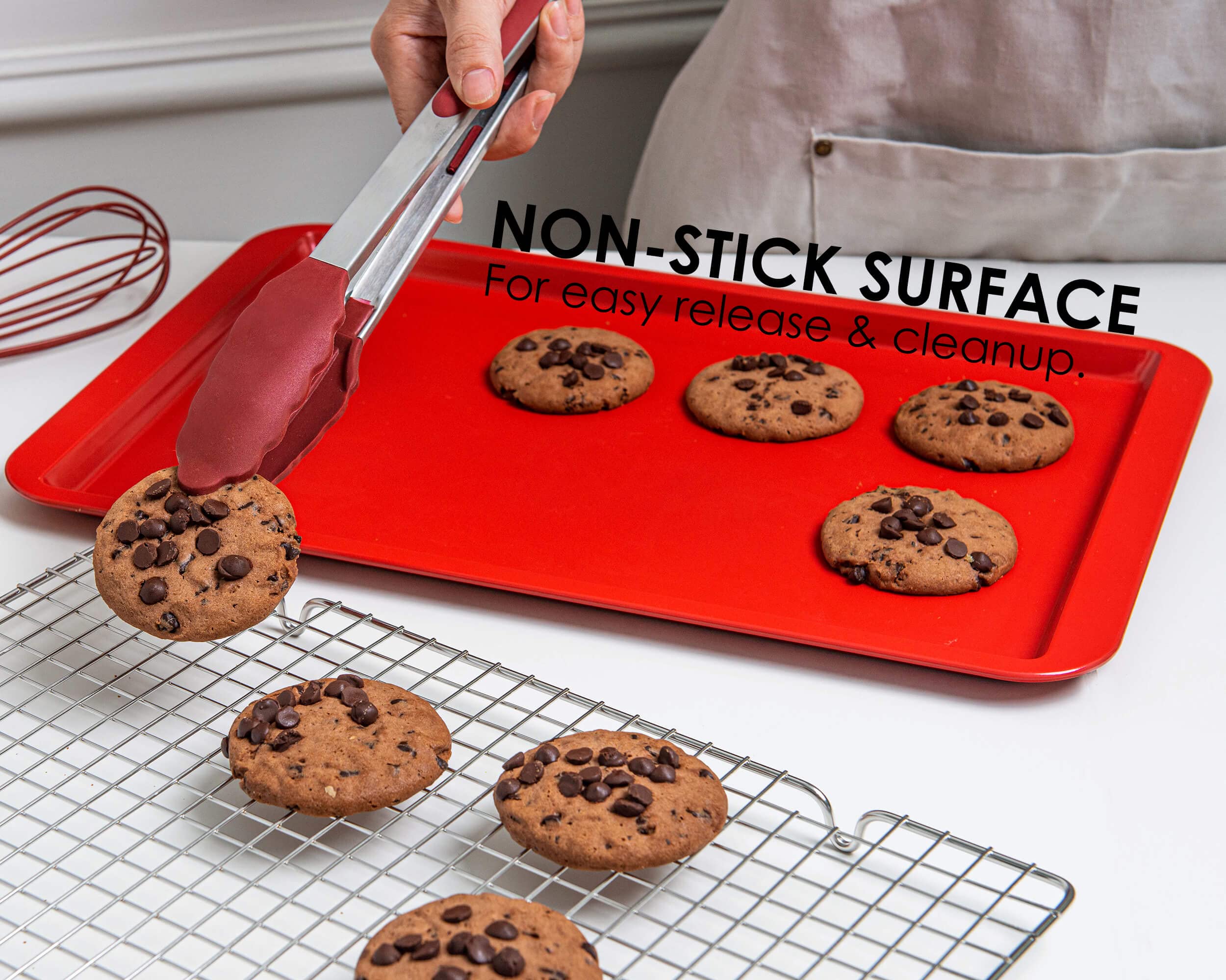 Rorence Nonstick Steel Bakeware Set: Cookie Sheet, Rectangular Cake Pan, 2 Round Cake Pans, Muffin Pan, Loaf Pan & Cooling Rack - Set of 7 - Red