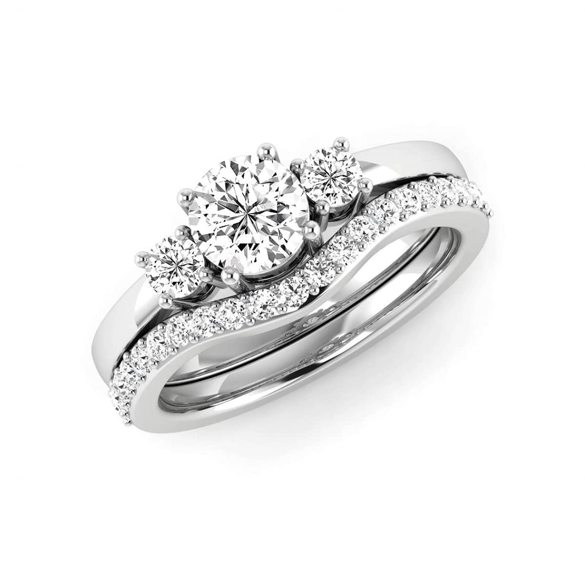 Near 1.00 Carat Diamond 14k Gold Engagement Ring Set For Women 3 Stone Bridal Ring Set 0.33cts Solitaire Round Diamond Pave Set Anniversary Wedding Bands (Color HI/Clarity I1-2) (white gold)