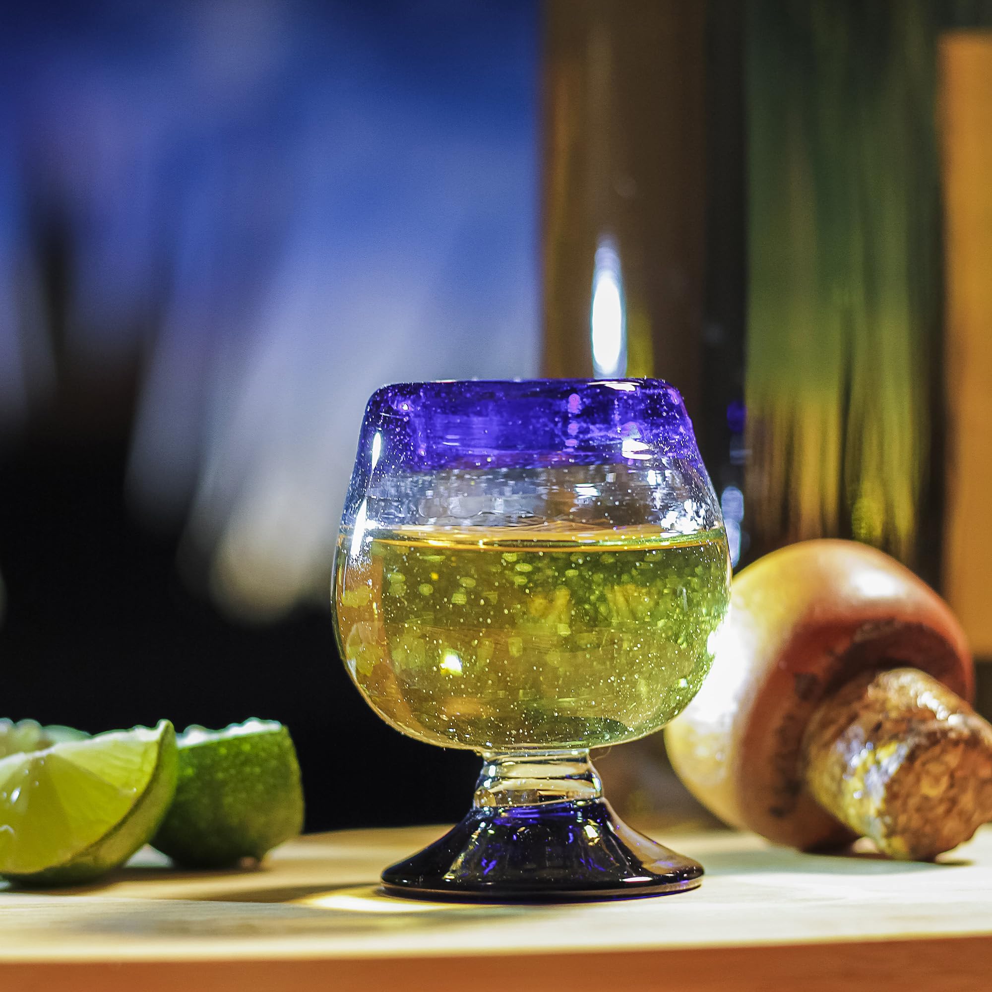 MEXTEQUIL - Authentic Mexican Tequila Hand Blown Shot Glasses - Set of 4-2 oz - Mini Glass Snifters - Heavy Base - Cognac (Cobalt Blue Rim)