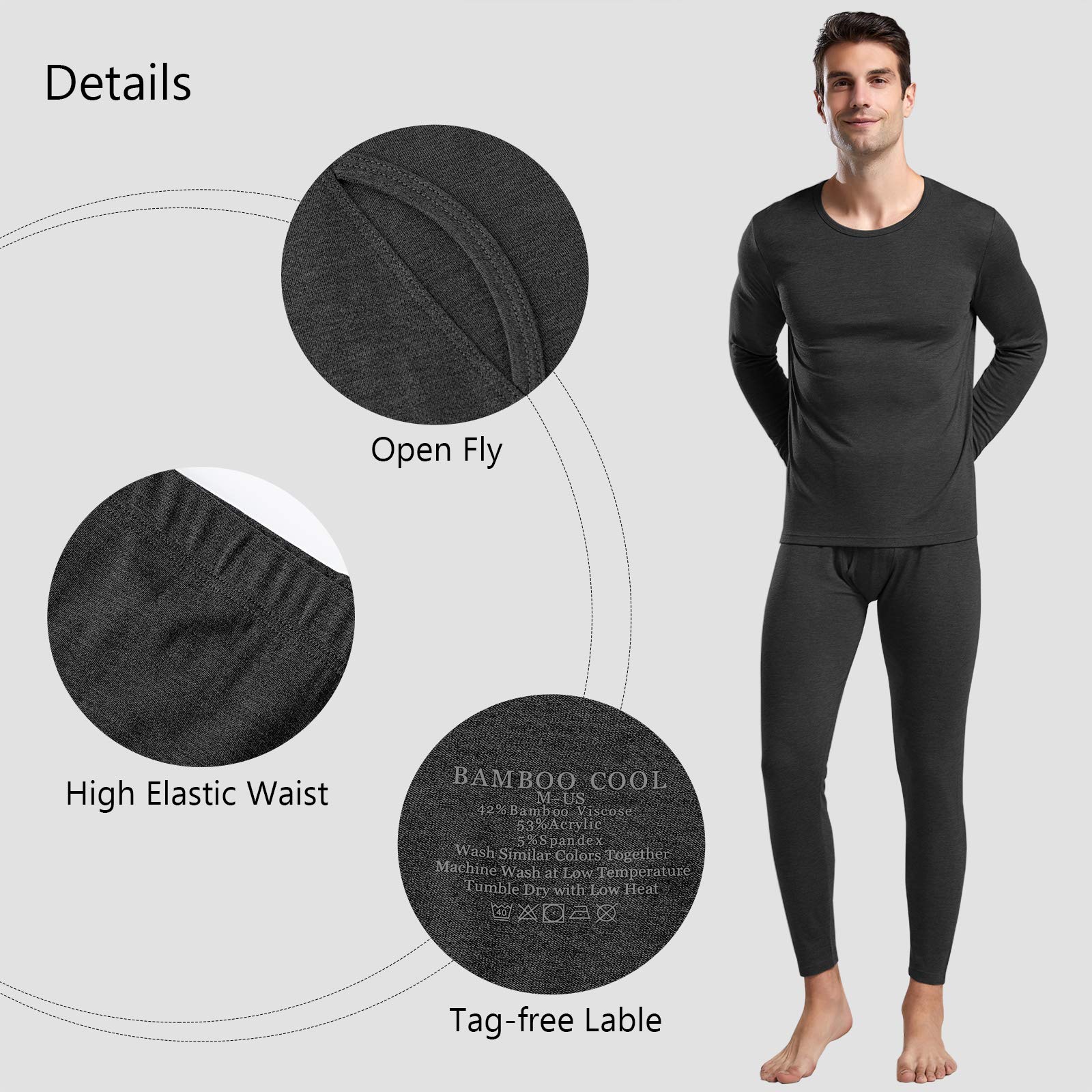 Men's Thermal Underwear Set Bamboo Utra Soft Top and Bottom Set Long Johns Warm Winter Base Layer