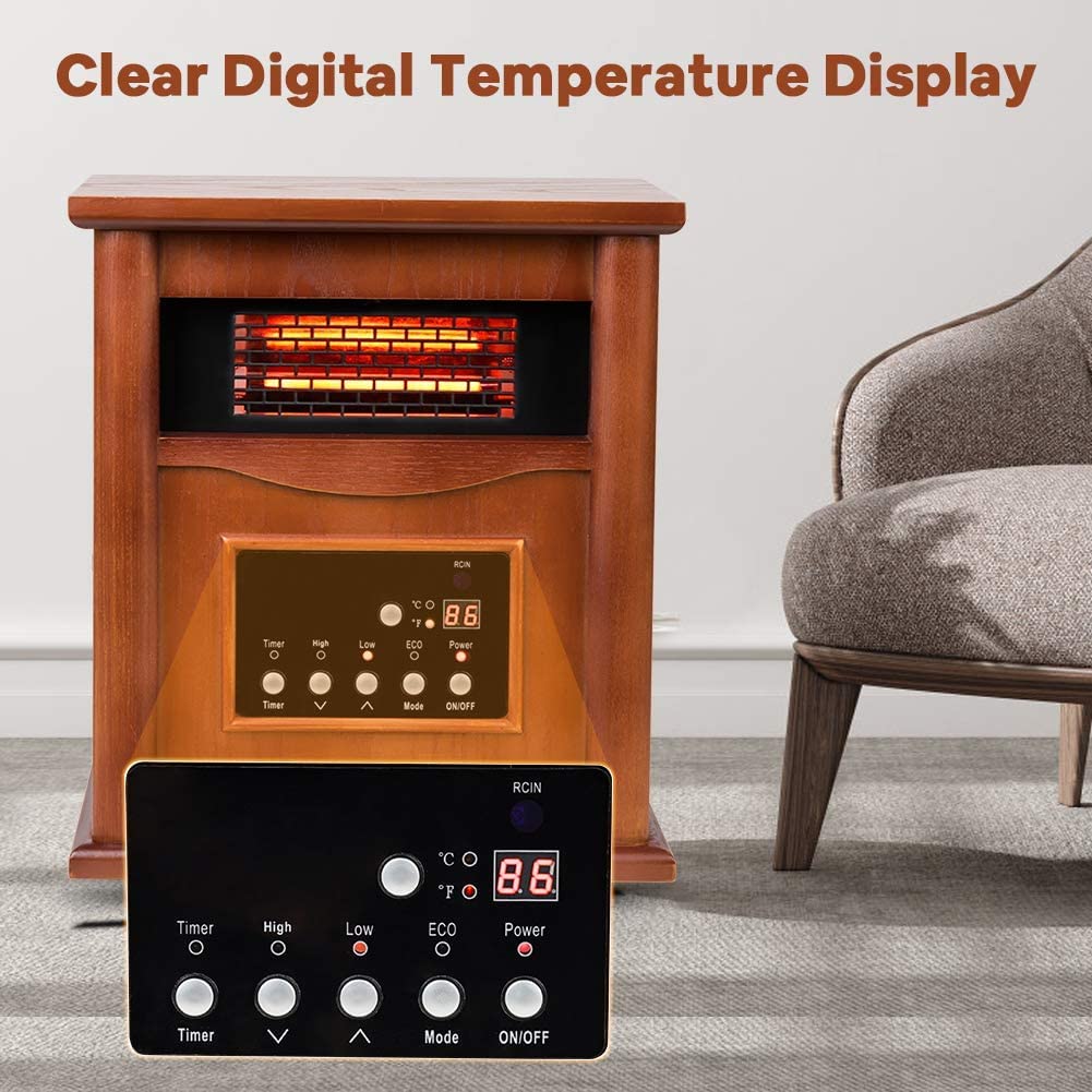 LifePlus Electric infrared Space Heaters for Indoor Room Use, 1500W Box Space Heater with Wood Frame, Remote Control and Timer, Multiple Security Protections, Nice for Living Room Home Office