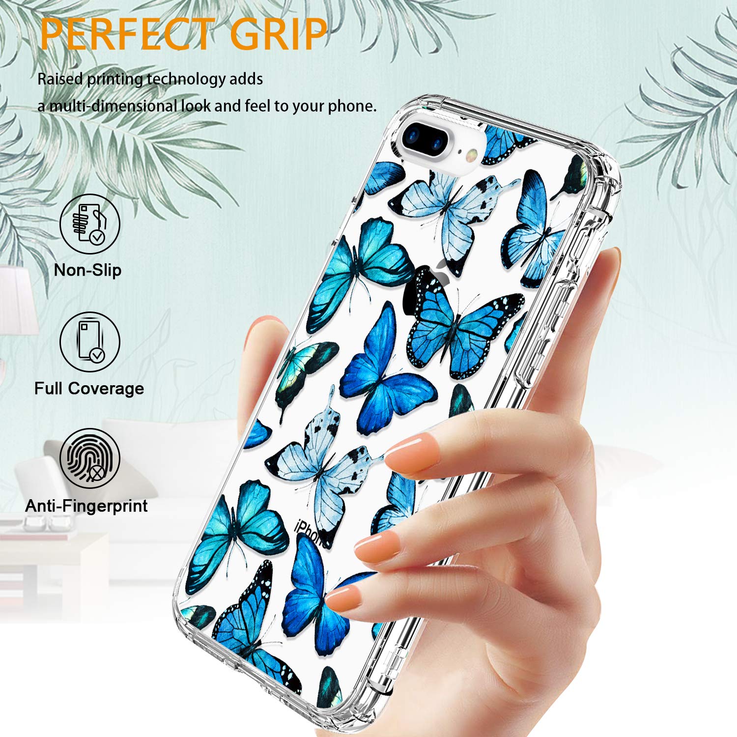 LUHOURI iPhone 8 Plus/7 Plus Case with Screen Protector,Clear Cover with Fashion Cute Designs for Women Girls,Slim Fit Durable Protective Phone Case for Apple iPhone 8 Plus/7 Plus Blue Butterflies