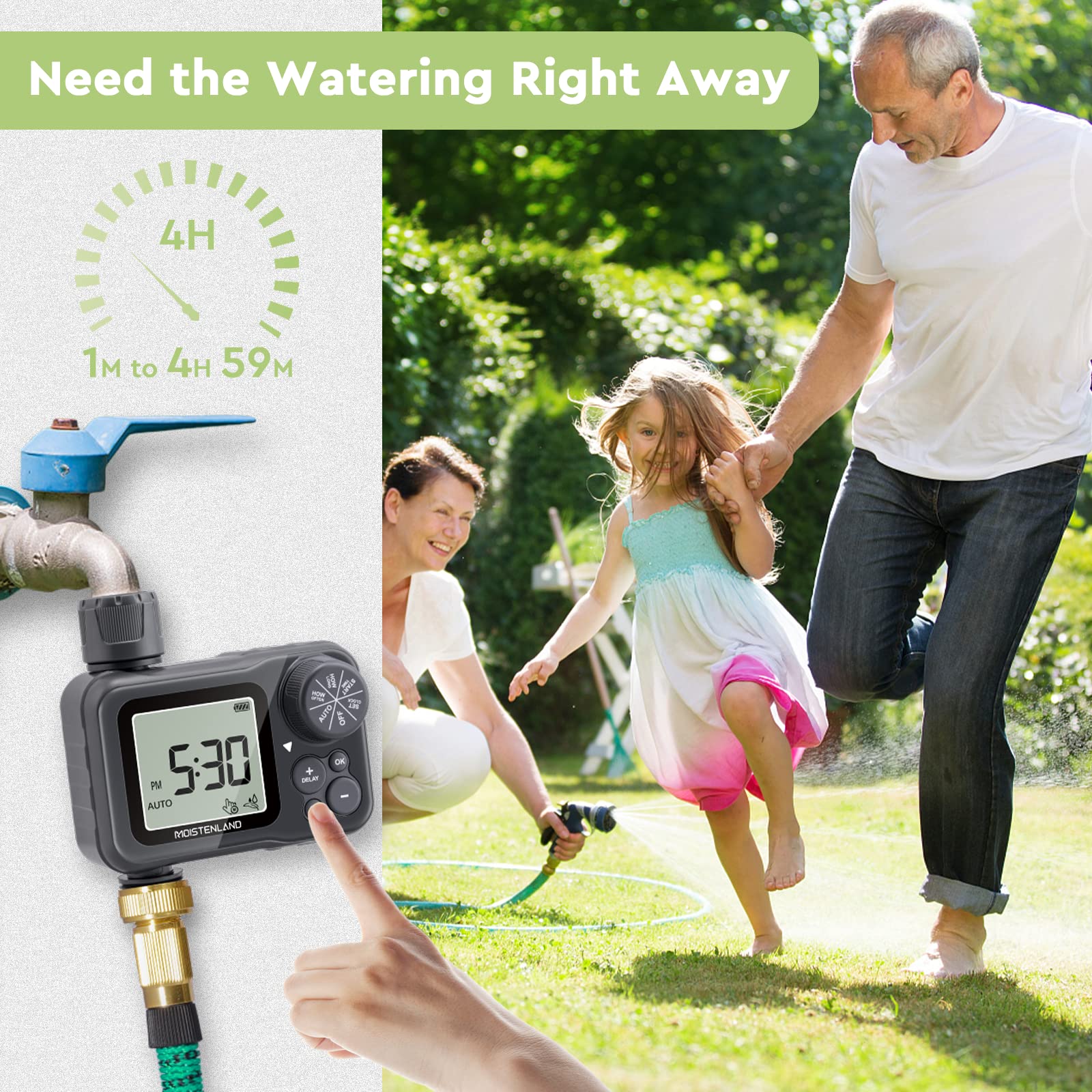 Moistenland Sprinkler Timer, Water Timer for Garden Hose, Water Hose Timer Outdoor, with Rain Delay/Manual/Automatic Watering System, IP54 Waterproof, 2.6 Inches Large Screen(1 Outlet)