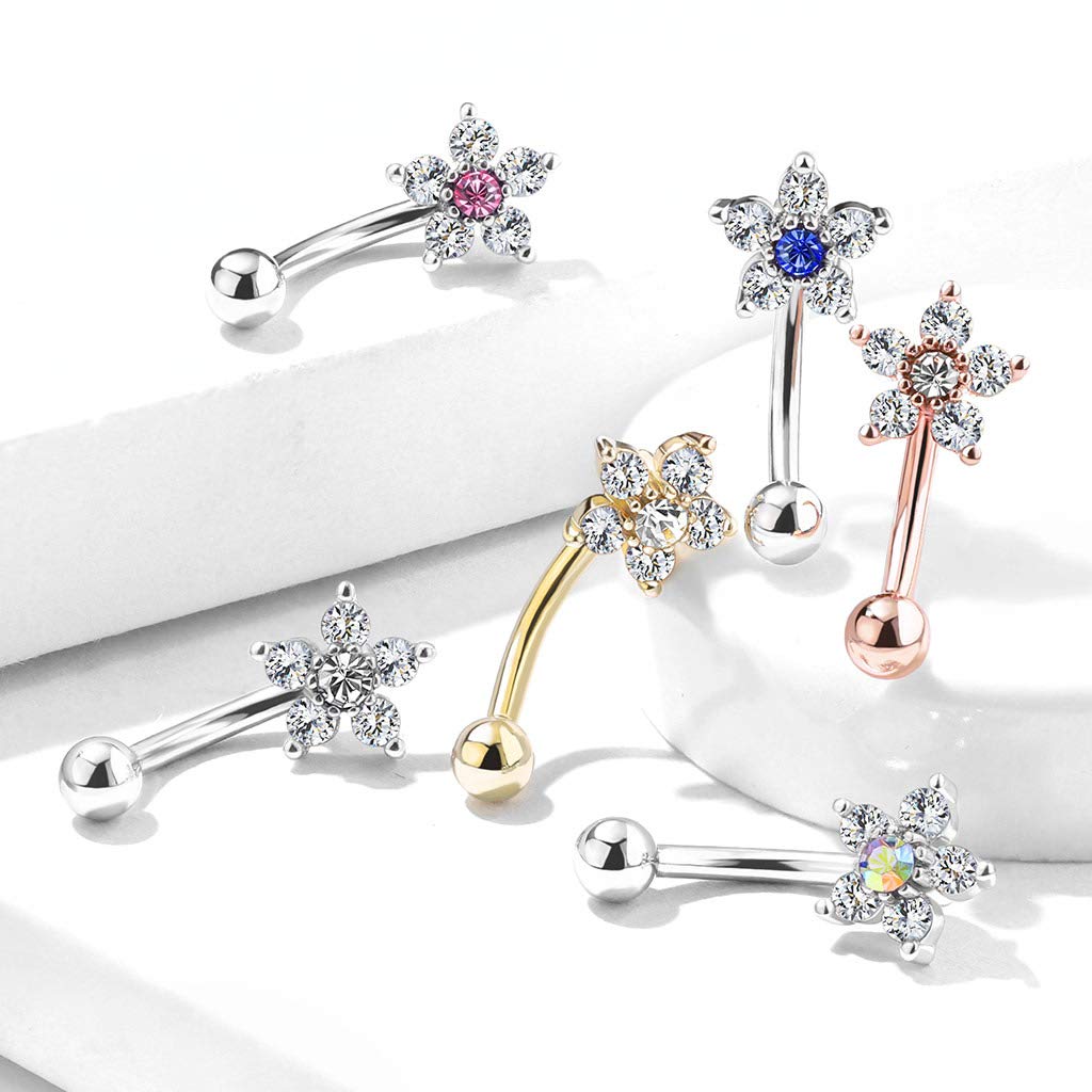 MoBody 16G Double Tiered 6 CZ Flower Top Curved Eyebrow Barbell Surgical Steel Body Piercing Eyebrow Ring (Clear/AB)