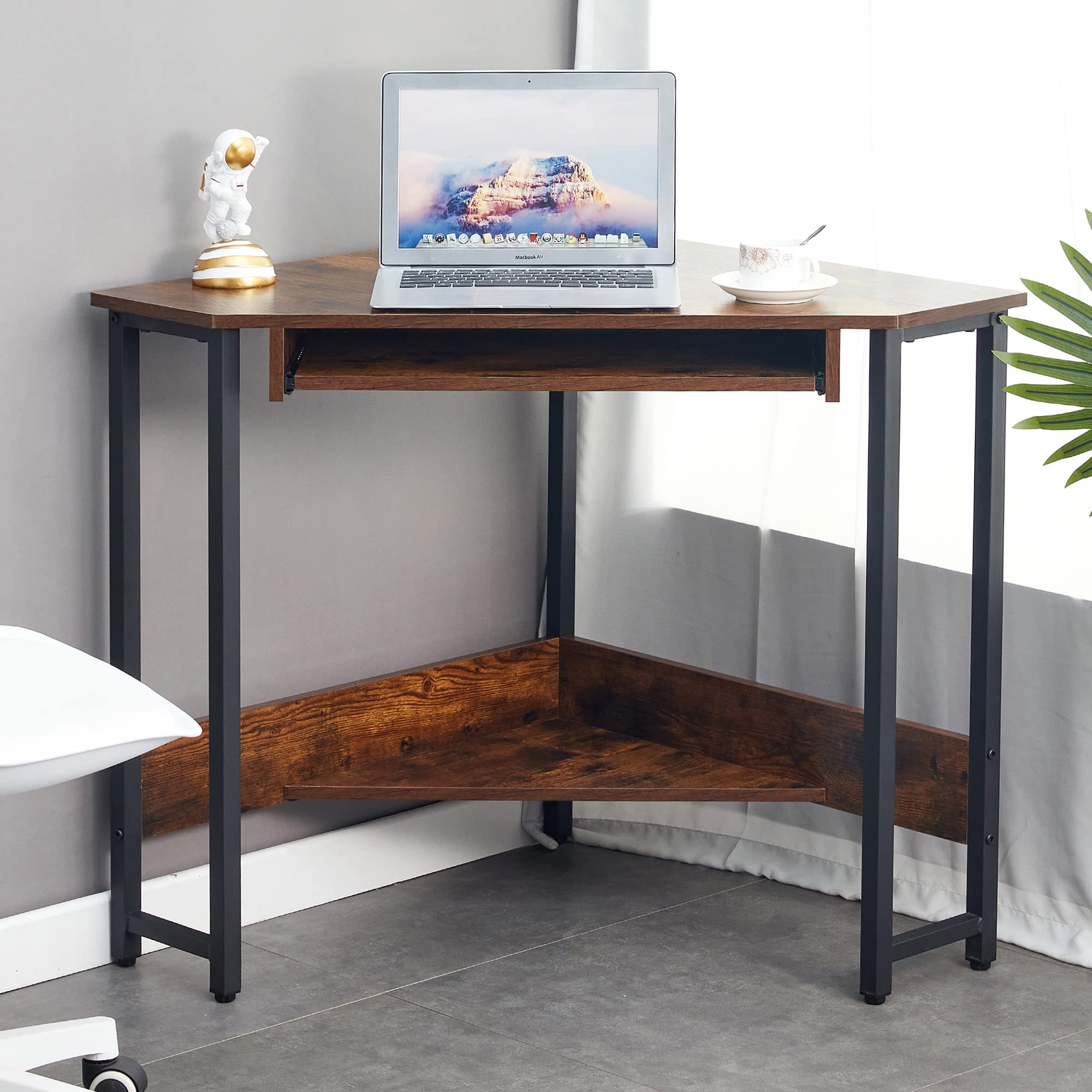 LiviNest Triangle Corner Desk - Smooth Keyboard Tray Storage Shelves Computer Corner Furniture - Home Office Laptop PC Writing Study Tables for Small Workstation Living Room Bedroom Brown