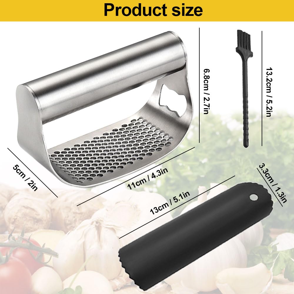Stainless Steel Garlic Presser, 2024 New Garlic Press Rocker Garlic Mincer Garlic Crusher with Peeler and Cleaning Brush, Comfortable Handle Garlic Chopper for Smash Garlic Kitchen Tools (A)