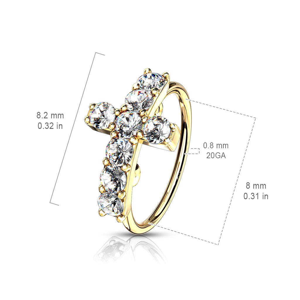 MoBody 20G CZ Paved Cross Top 316L Surgical Steel Bendable Nose Hoop Rings (Gold)