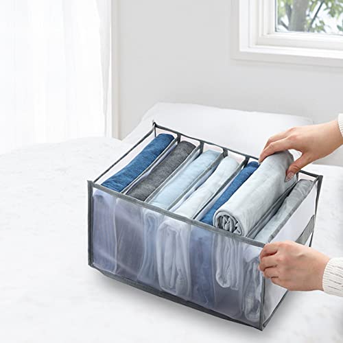 Xloey 1Pcs Wardrobe Clothes Organizer,7 Grids Jeans Organizer,Washable Foldable Mesh Separation Box,for T-shirt,Legging,Jeans