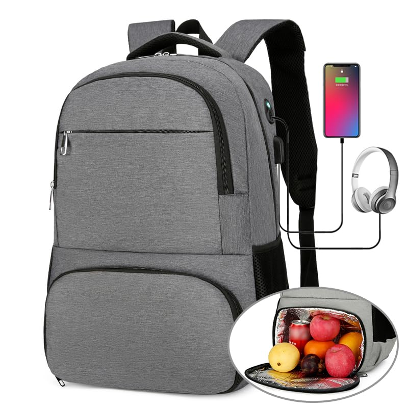 Lunch Backpack, Insulated Cooler Backpack Fits 15.6 Inch Laptop, Water-Resistant Backpack with USB Charging Port for Men, for Work Beach Camping Picnics Hiking,Dark Grey