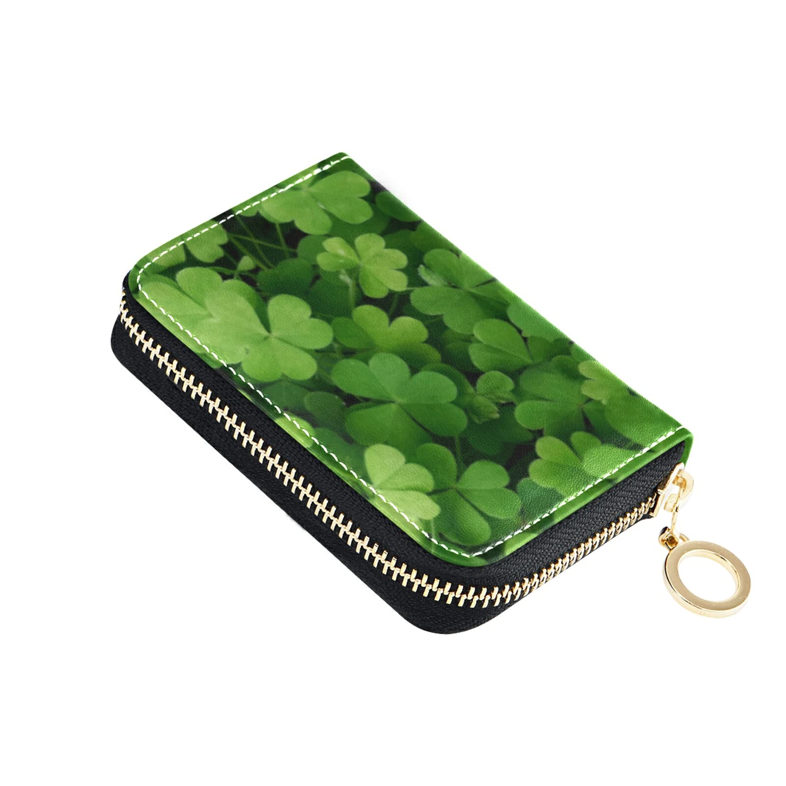 St Patrick's Day Green Seamless Shamrock Clover Lucky Four Leaves Grey Credit Card Coin wallet, RFID Blocking Compact Women Leather Card Holder, Key Change Organizer, Zipper Purse Clutch Pouch