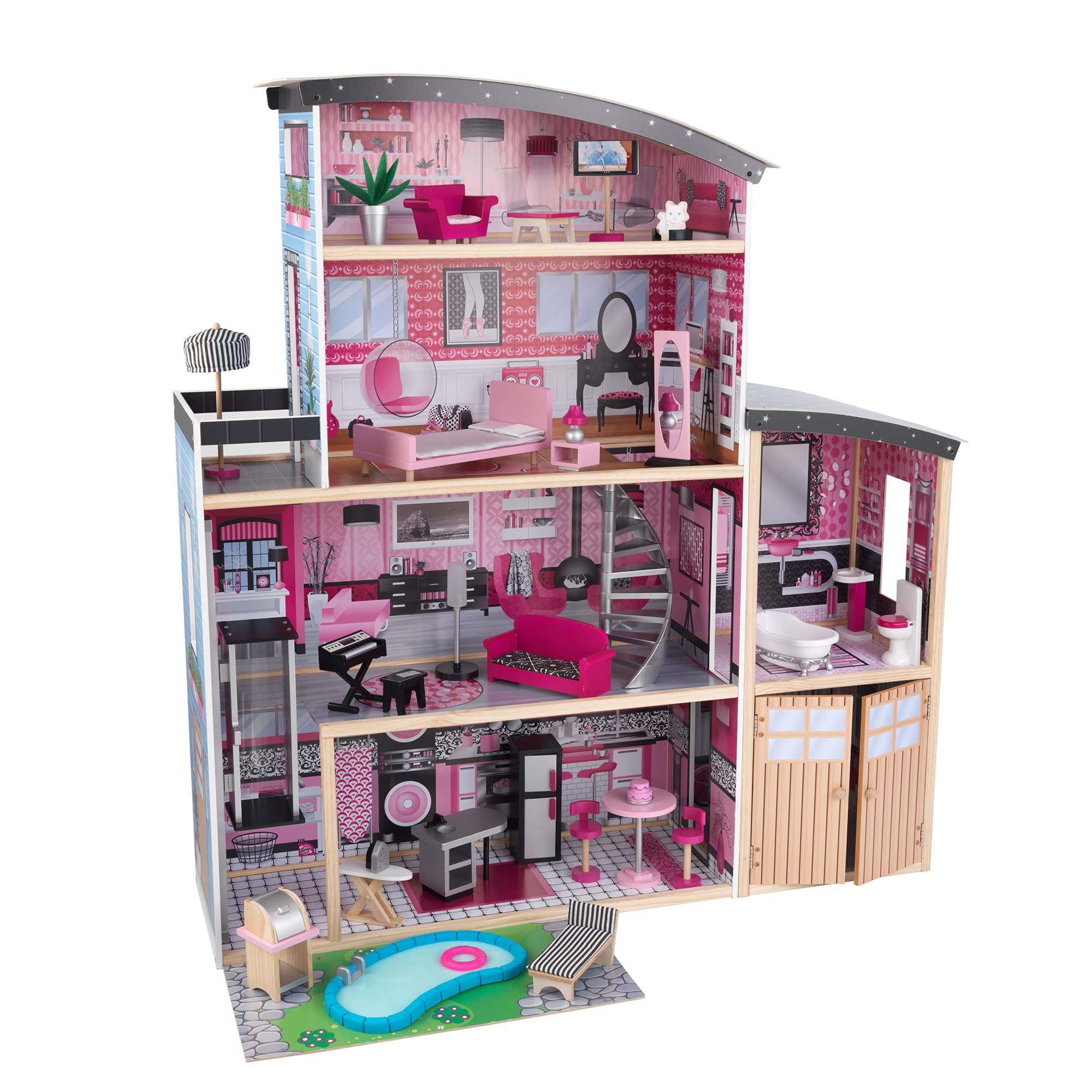 KidKraft Sparkle Mansion Wooden Dollhouse with Lights & Sounds, Swimming Pool, Balcony, Elevator and 30 Accessories, Pink, Gift for Ages 3+, Amazon Exclusive