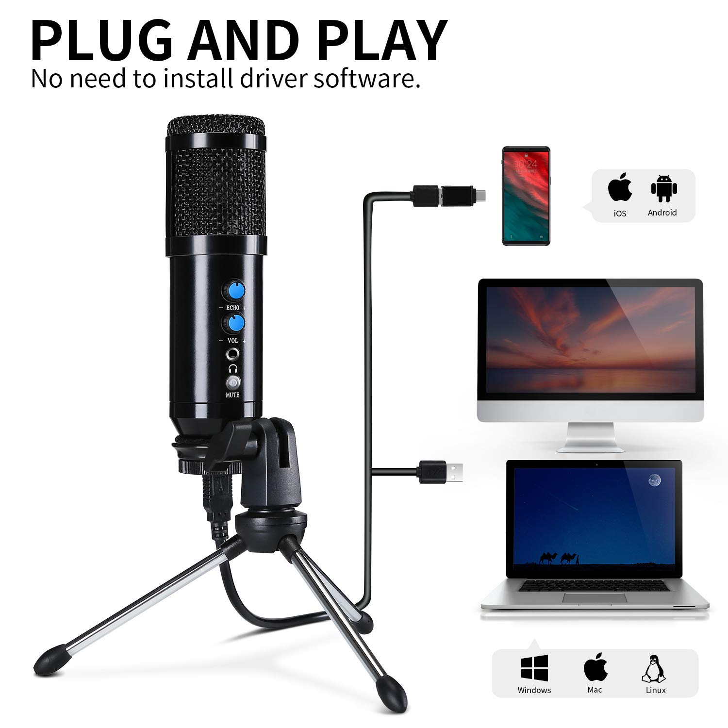 Microphone for PC and Phone, EXJOY Tripod Condenser Microphone with Type-C Adapter and 3.5mm Headphone Jack, for YouTube, Vlog, Streaming, Podcast, Games