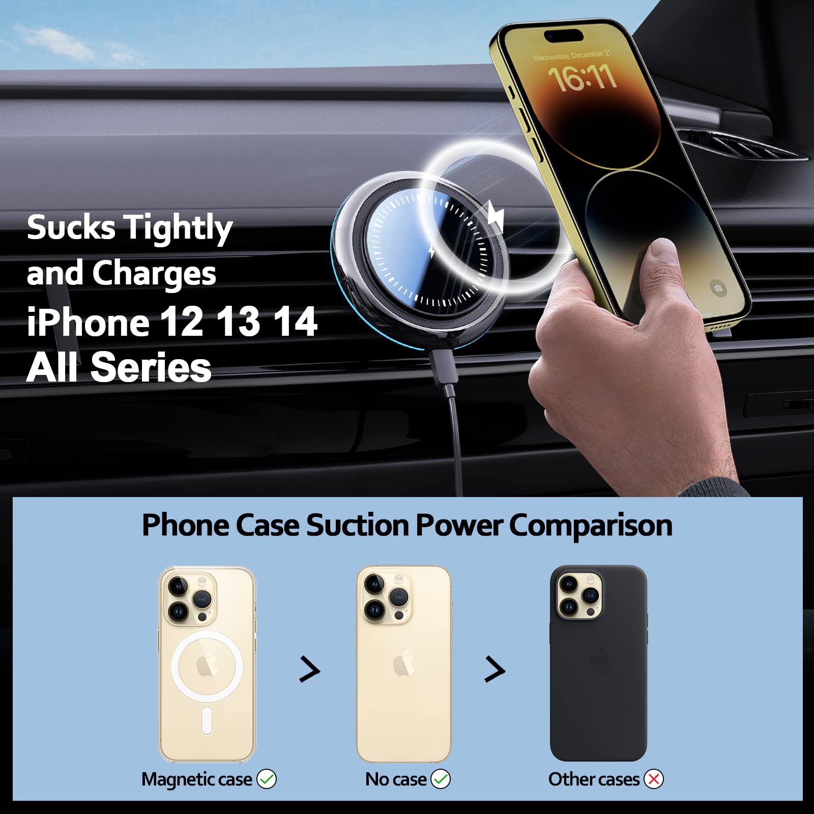 UCOMX Magnetic Car Mount Charger,15W Bullet Speed Fast Wireless Car Charging Mount,Texas Level Anti-Shake Phone Holder,Compatible for iPhone 14/13/12 Serise (Include 52.5W Adapter)