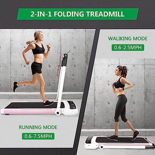 Murtisol 2 in 1 Folding Treadmill, 2.25HP Under Desk Electric Treadmill, Installation-Free with APP, Remote Control and LED Display, Portable Walking Machine for Home, Office & Gym,Pink & White