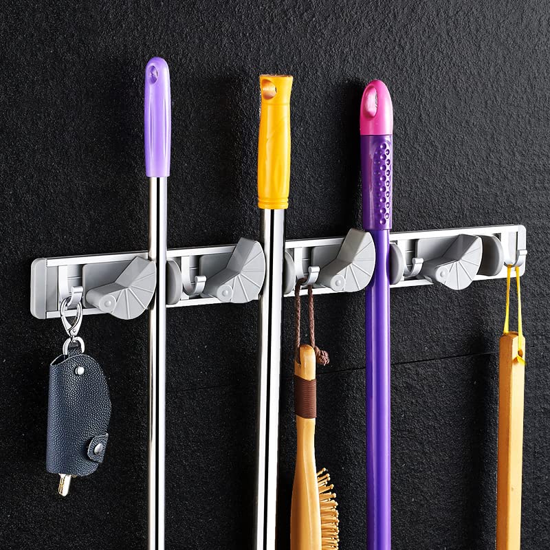 Space Aluminum mop Rack Bathroom Balcony Bathroom ABS Hook mop Rack Water Storage Wall Hanging mop Clip (Grey)
