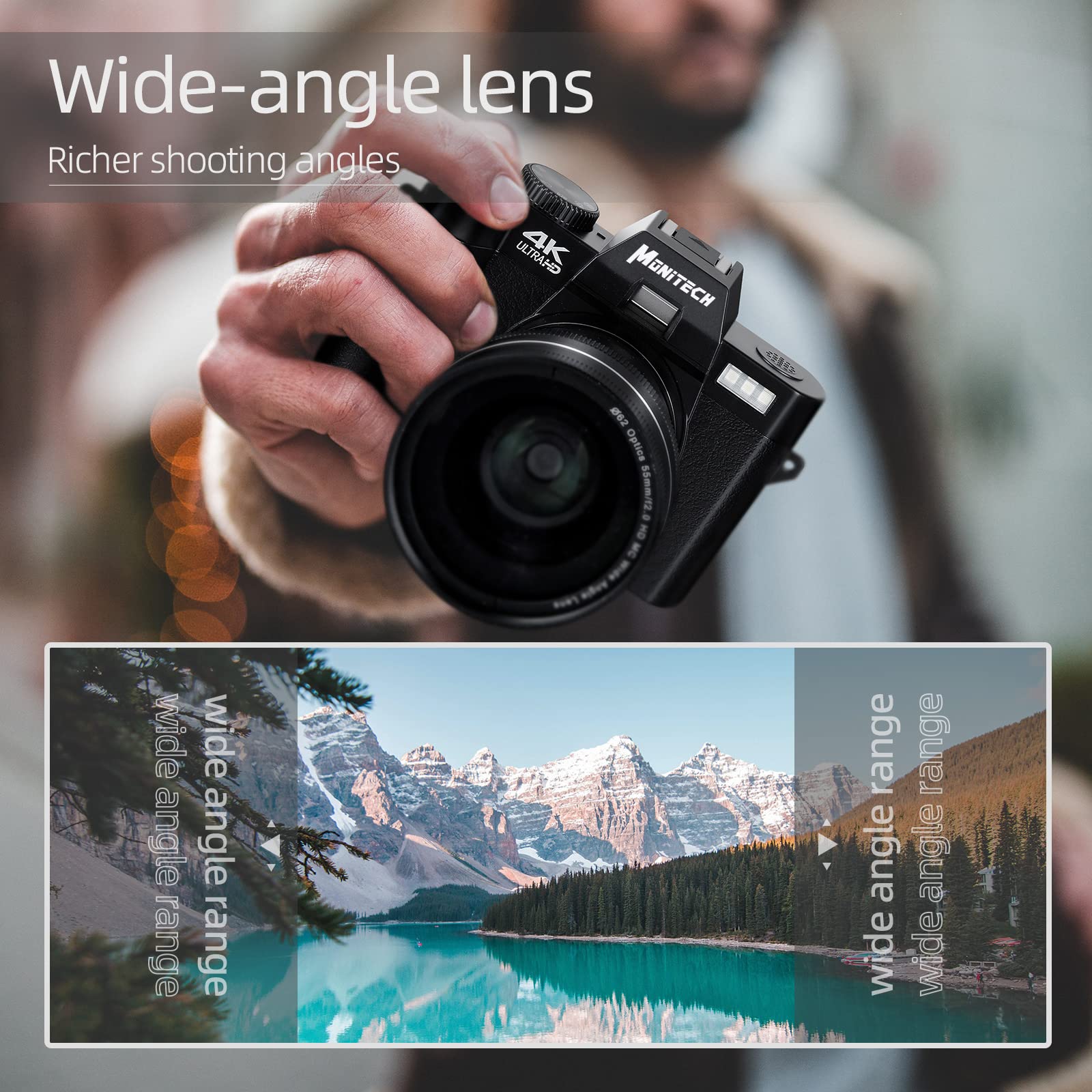 Monitech Digital Camera for Photography and Video,4K 48MP Vlogging Camera for YouTube with 180° Flip Screen,16X Digital Zoom,52mm Wide Angle & Macro Lens, 2 Batteries, 32GB TF Card
