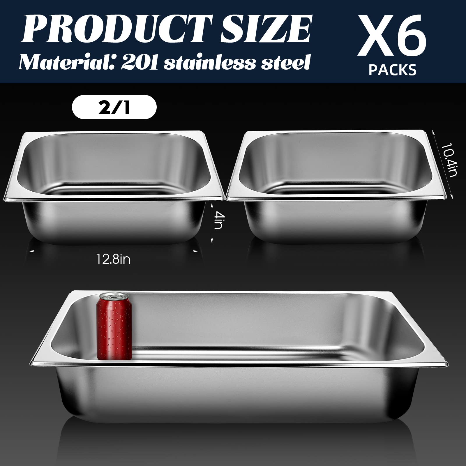 Steam Table Pan Hotel Pans 4 Inch Deep Commercial Stainless Steel Pans Food Catering Pans for Restaurant Buffet Dish Tray (6 Pack, 1/2 Size)