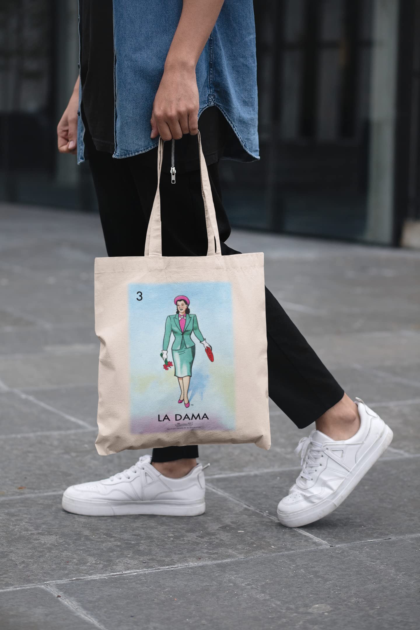 Pop Threads La Dama Woman Lady Loteria Card Mexican Bingo Black 15x15 inches Large Canvas Tote Bag