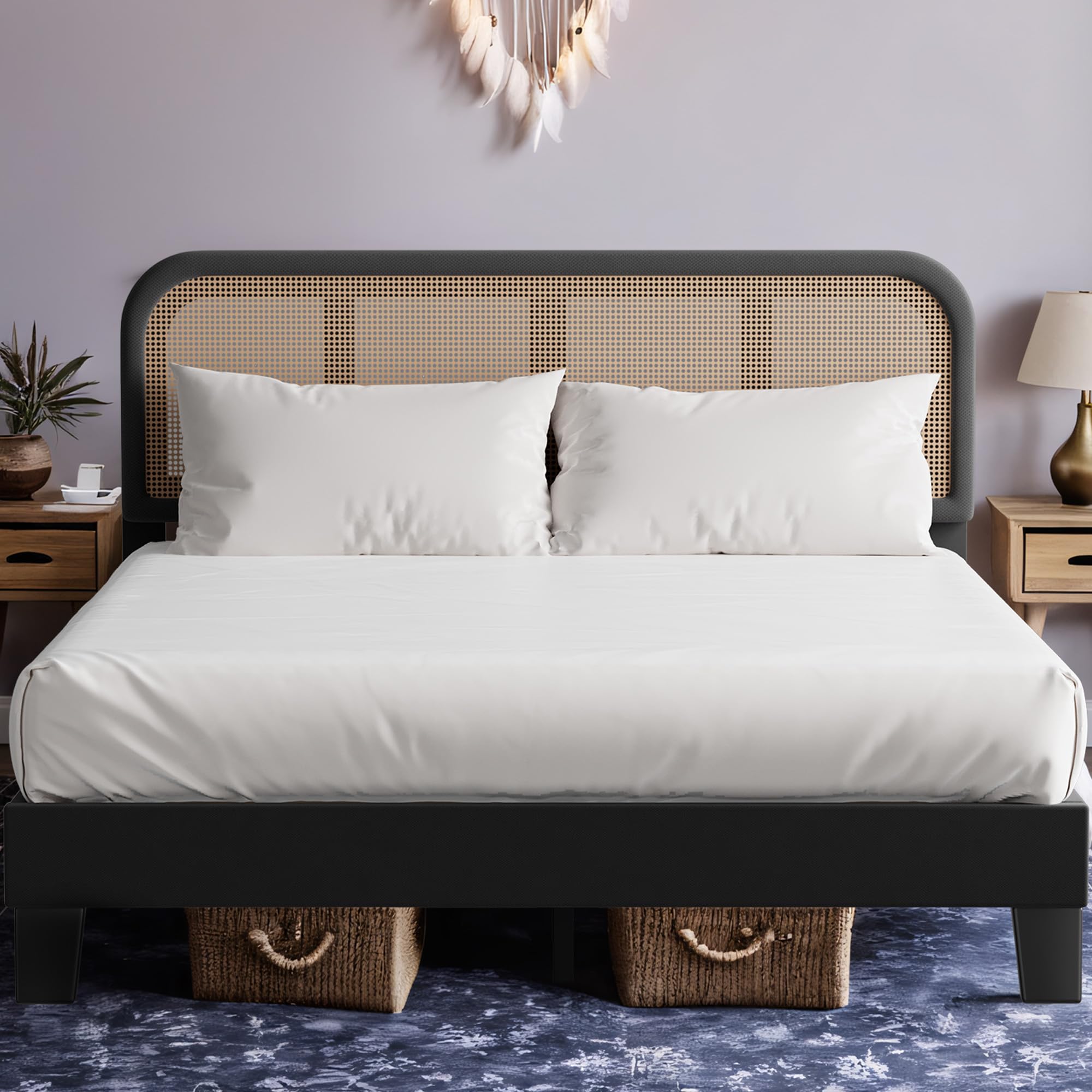 Lifezone Queen Bed Frame with Adjustable Rattan Headboard, Queen Size Bed Frame with Wood Slats Support, Safe Rounded Corner Design, Linen Fabric, High Feet, No Box Spring Needed, Dark Grey