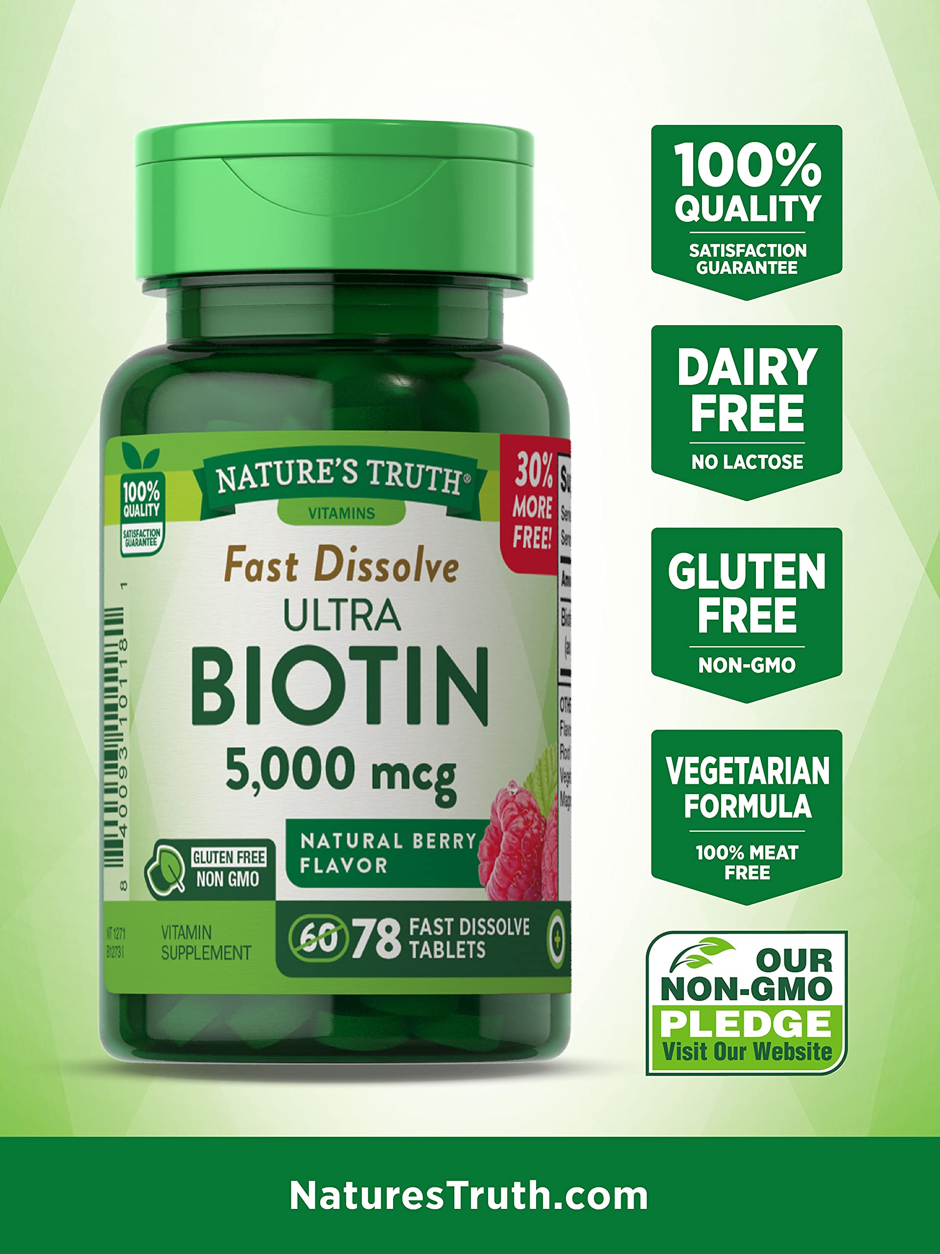 Nature's Truth Ultra Biotin 5000mcg | 78 Fast Dissolve Tablets | Hair Skin and Nails Supplement | Natural Berry Flavor | Vegetarian, Non-GMO, Gluten Free