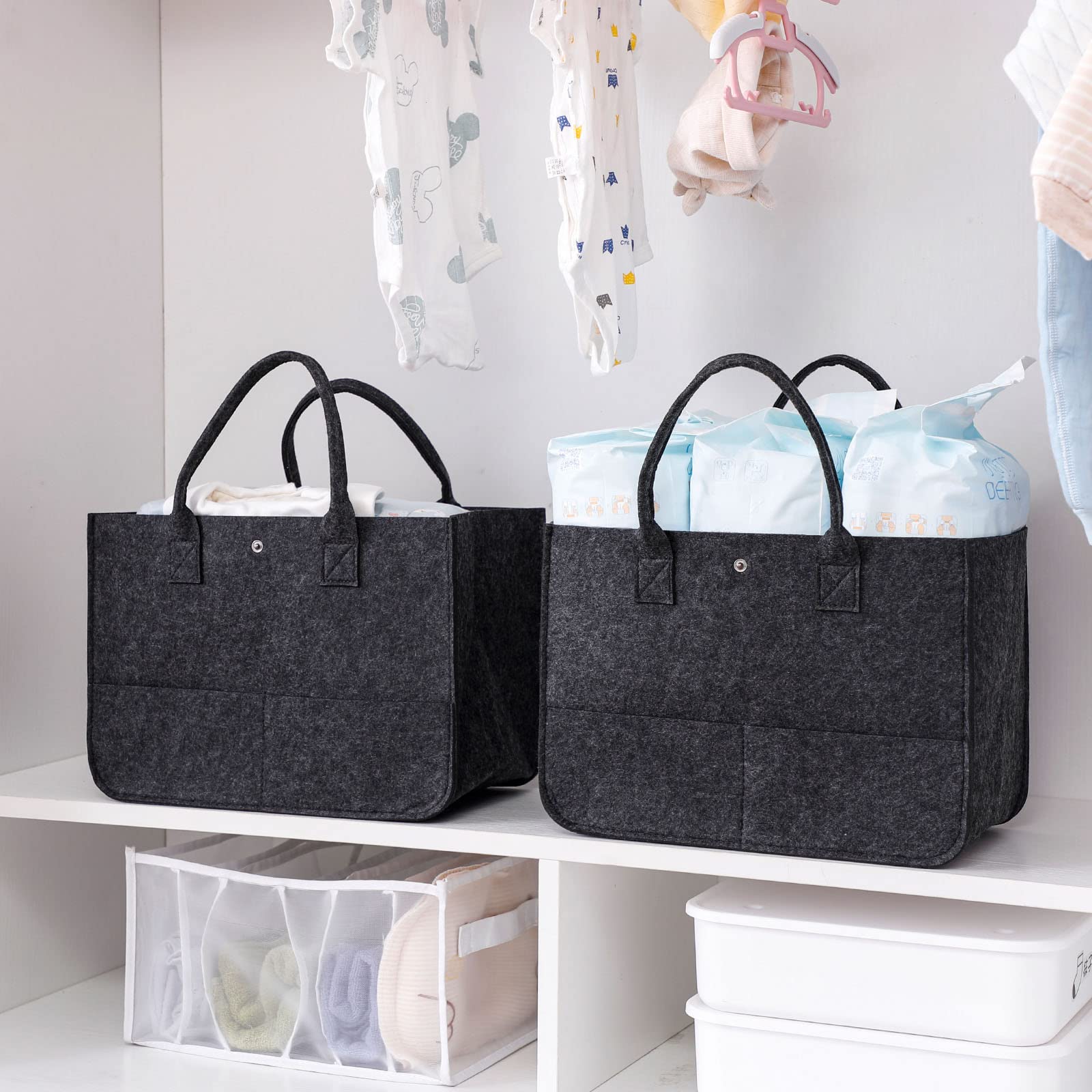 Yesesion 2 Pack Easter Basket Tote Bag for Kids, Portable Holiday Decoration Basket for Boys, Girls, Foldable Party Storage Caddy with Side Pockets for Candy (Large - Dark Gray)