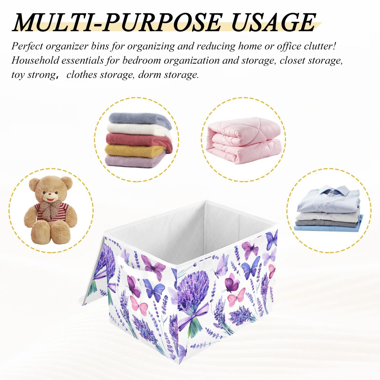 MFTJYO Storage Bin with Lid Purple Lavender Butterfly Foldable Storage Box Washable Fabric Storage Cubes Bin Organizer Basket Closet for Home Bedroom Closet Nursery Office