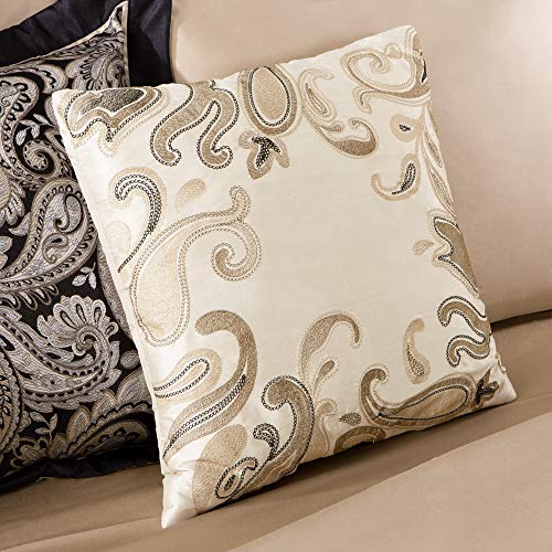Madison Park Aubrey Cozy Comforter Set, Faux Silk Jacquard Paisley Design - All Season Down Alternative Bedding with Cotton Bed Sheets, Bed Skirt & Toss Pillows, King Black 12 Piece