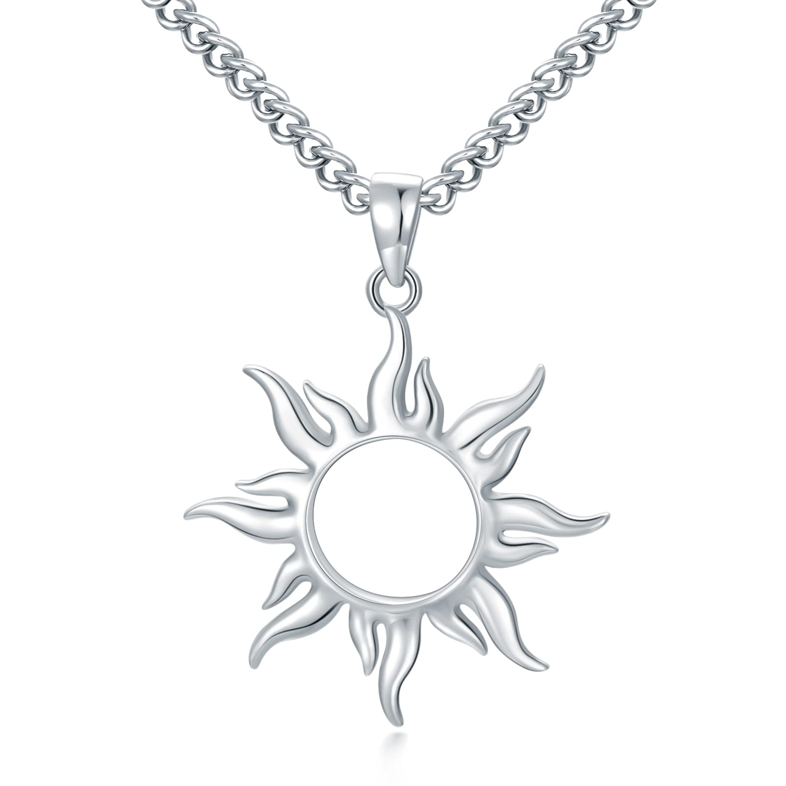 PDTJMTG Sun Necklace Sterling Silver Sun Pendant with 22”+2” Stainless Steel Chain Gift for Women Men (Silver)