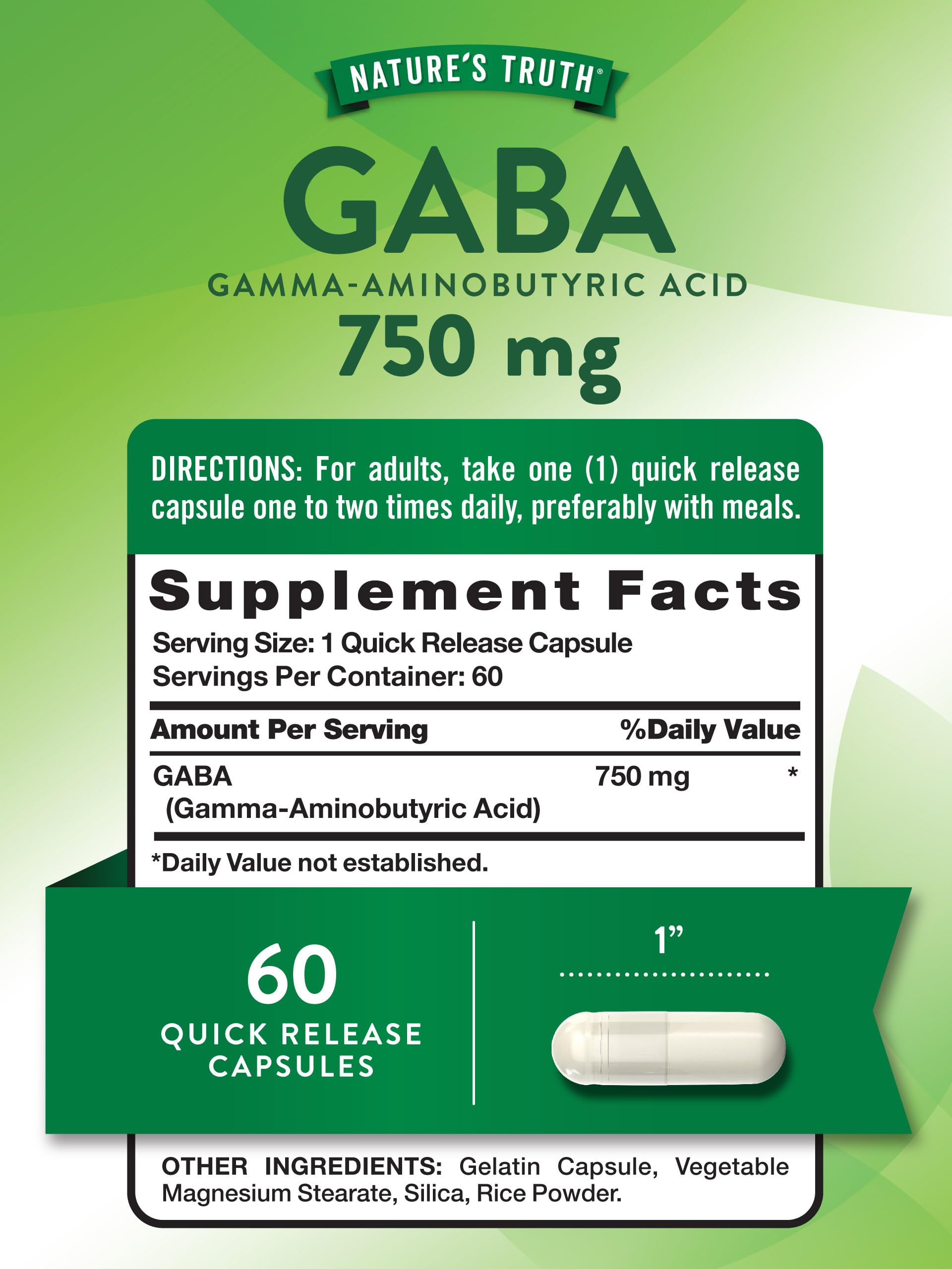 Nature's Truth GABA 750mg | 60 Capsules | Gamma Aminobutyric Acid Supplement | Non-GMO & Gluten Free Supplement