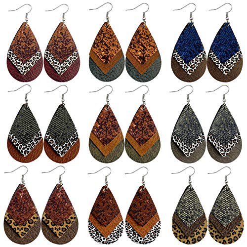 Leather Earrings for Women Teardrop Leaf Flower Leopard Print Petal Drop Earrings Antique Lightweight Leather Earring Set