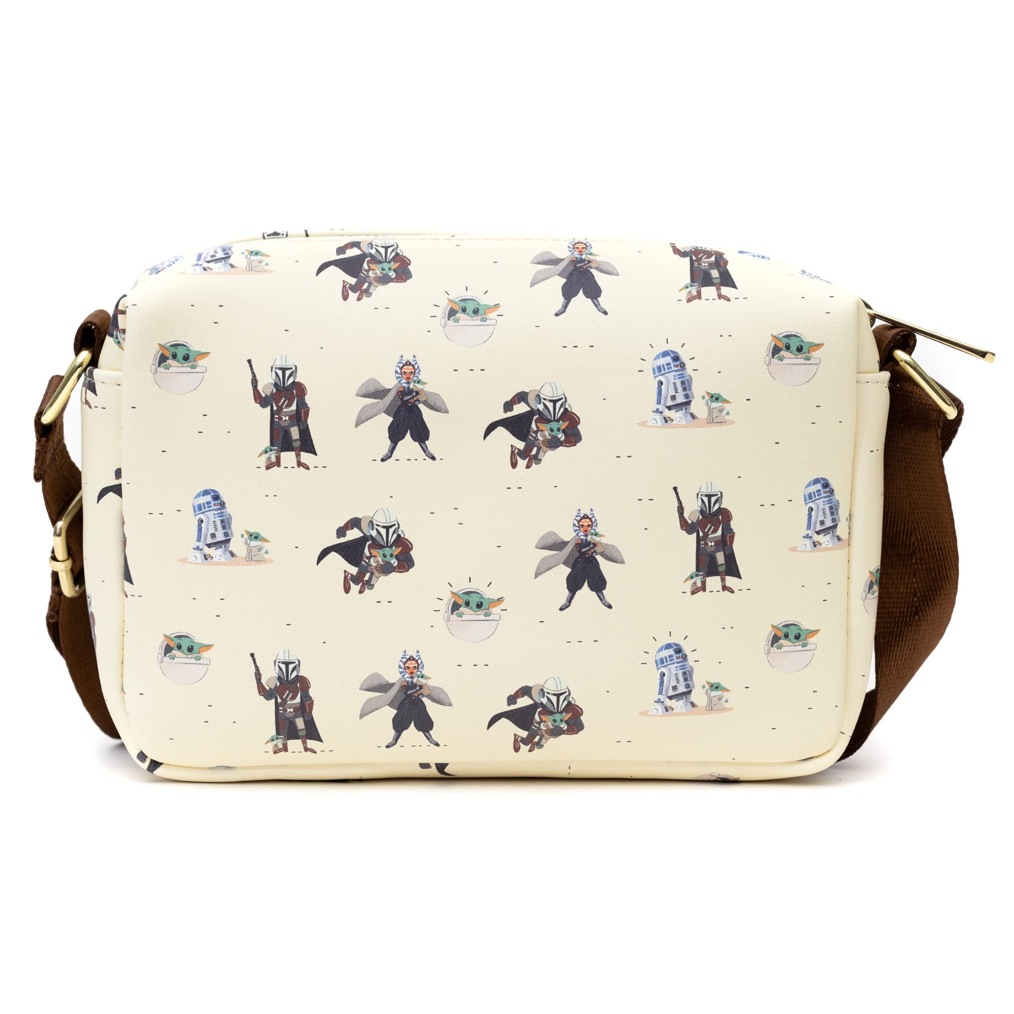 Star Wars Bag, Cross Body, Rectangle, The Mandalorian Character Poses with Grogu Collage, Beige, Vegan Leather