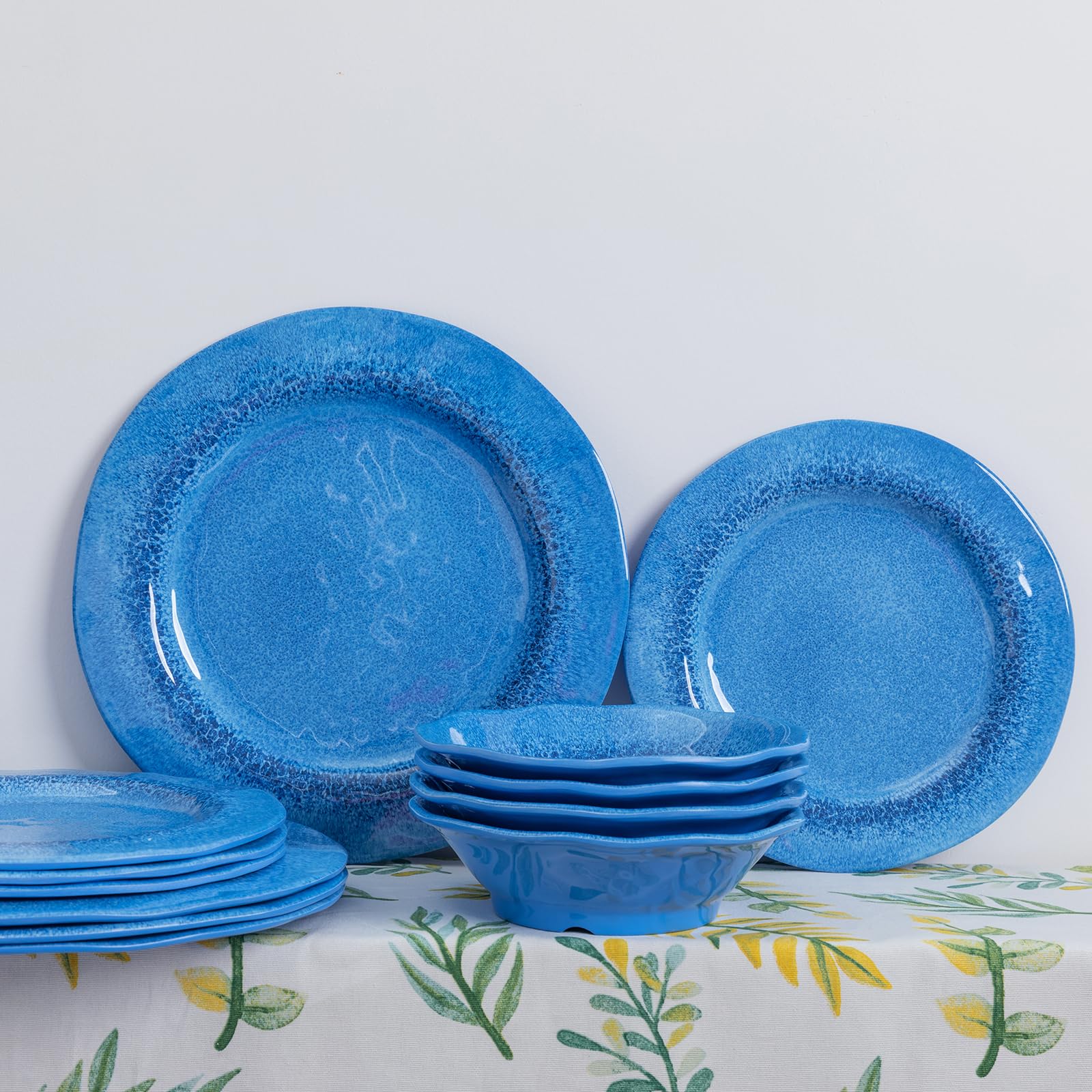 LEHAHA Melamine Dinnerware Sets, Dishes Sets for 4, 12 Piece Plates and Bowls Sets, Unbreakable BPA Free Reactive Blue Ceramic Design Plates Set for Indoor and Outdoor Use, Dishwasher Safe