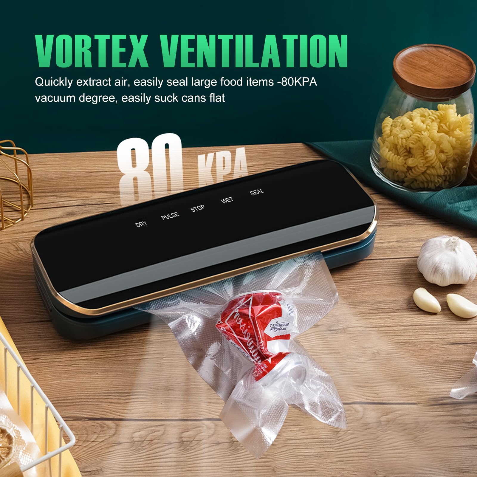 LUV Automatic Vacuum Sealer Machine: 80kpa Suction Touch Automatic Food Sealer With External Vacuum System Compact Design 10pcs Seal Bags Starter Kit Dry Moist Fresh Modes For All Saving Needs (Green)