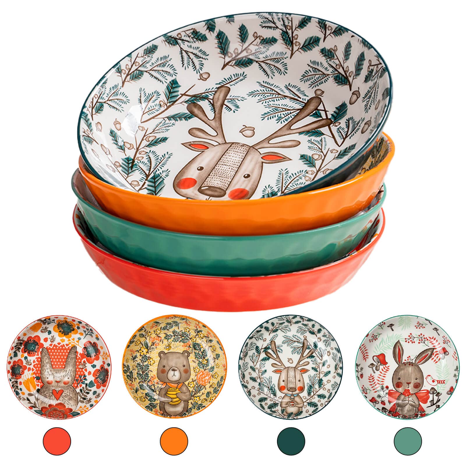 Pasta Bowls,Serving Dinner Bowls,Set of 4,26 Ounce Ceramic Bowls for Salad Fruit Dessert Appetizer and Kitchen,Cute Cartoon Bowls Microwave & Dishwasher Safe