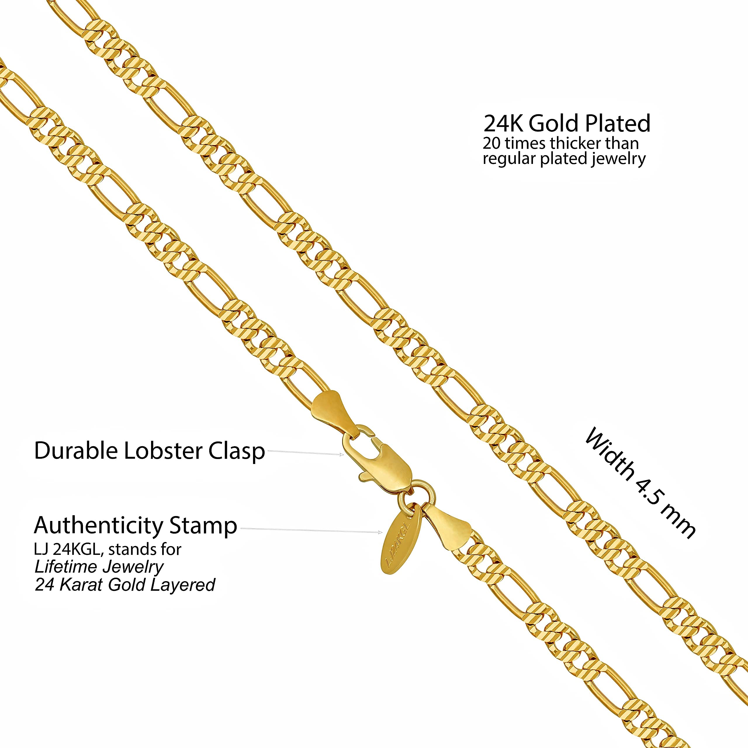 LIFETIME JEWELRY 4.5mm & 6mm Swiss Diamond Cut Figaro Chain Necklaces 24k Real Gold Plated (18 inches, 4.5mm)