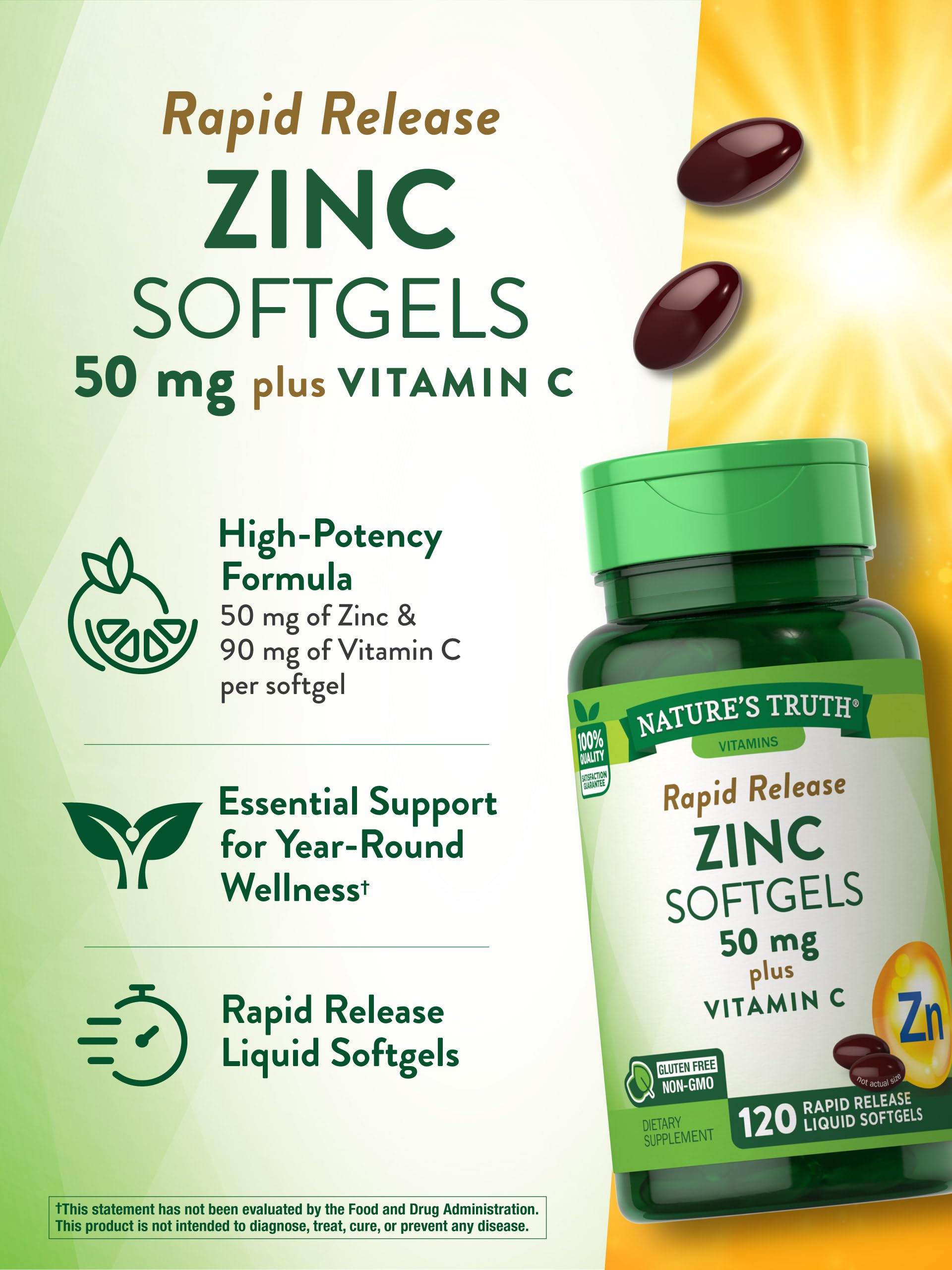 Nature's Truth Zinc with Vitamin C | 50mg | 120 Softgels | Non-GMO & Gluten Free Supplement