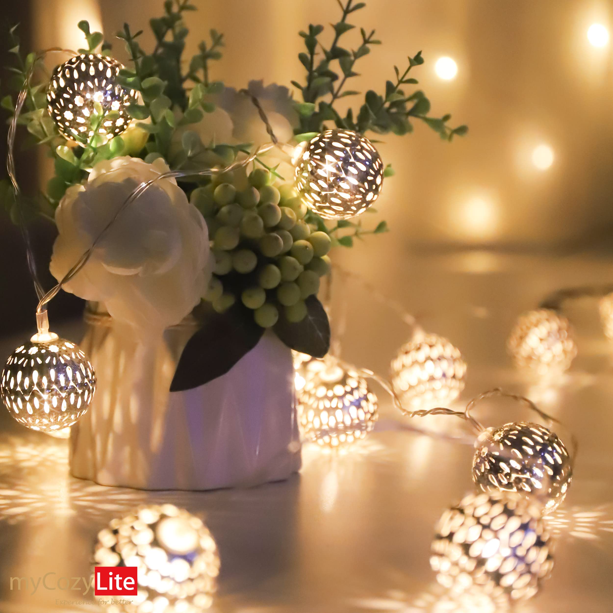 myCozyLite LED Globe String Lights, Warm White Moroccan Lights, Battery Powered, Unique Pattern, 20 Silver Metal Globes, with Battery Save Timer, for Indoor and Outdoor,10ft