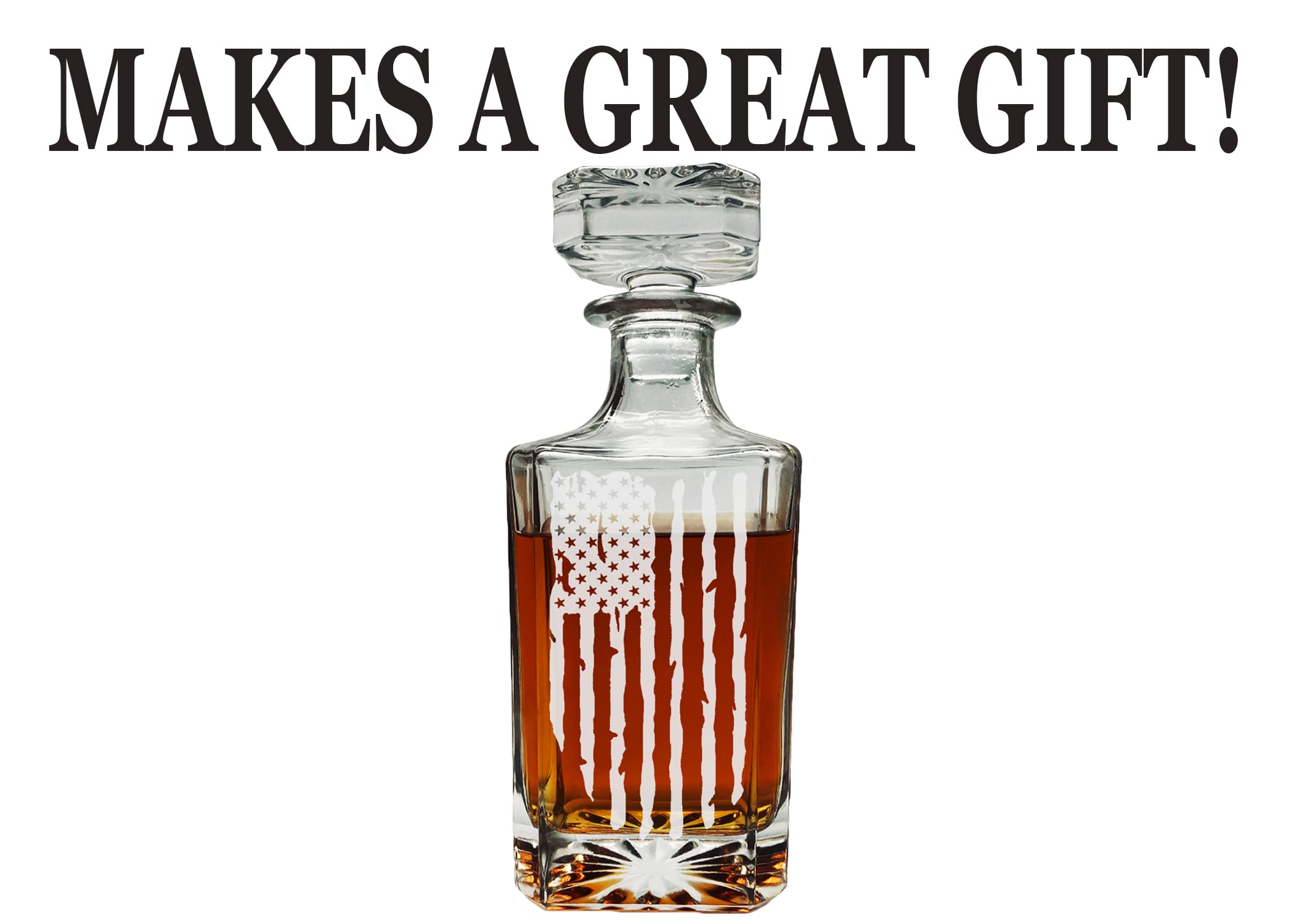 Rogue River Tactical Tattered Worn American US Flag USA Patriotic Whiskey Decanter With Airtight Glass Stopper Custom Gift For Men Dad Veteran Father's Day