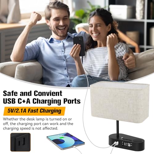 Lotelu Table lamp with USB A & C Charging Ports, Modern Bedside Lamps with Alarm Clock & Speakers - 3 Way Dimmable Desk Touch Lamp for Nightstand, Bedroom, Living Room, Office (LED Bulb Included)