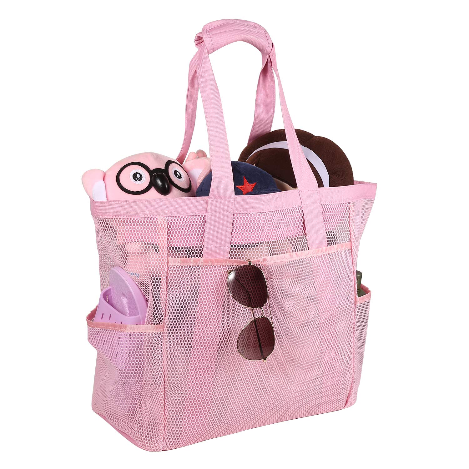 sioglam Large Mesh Beach Bag Pool Bag Zipper Closure Foldable Tote with 7 Pockets Work Out Shopping Shoulder Bag