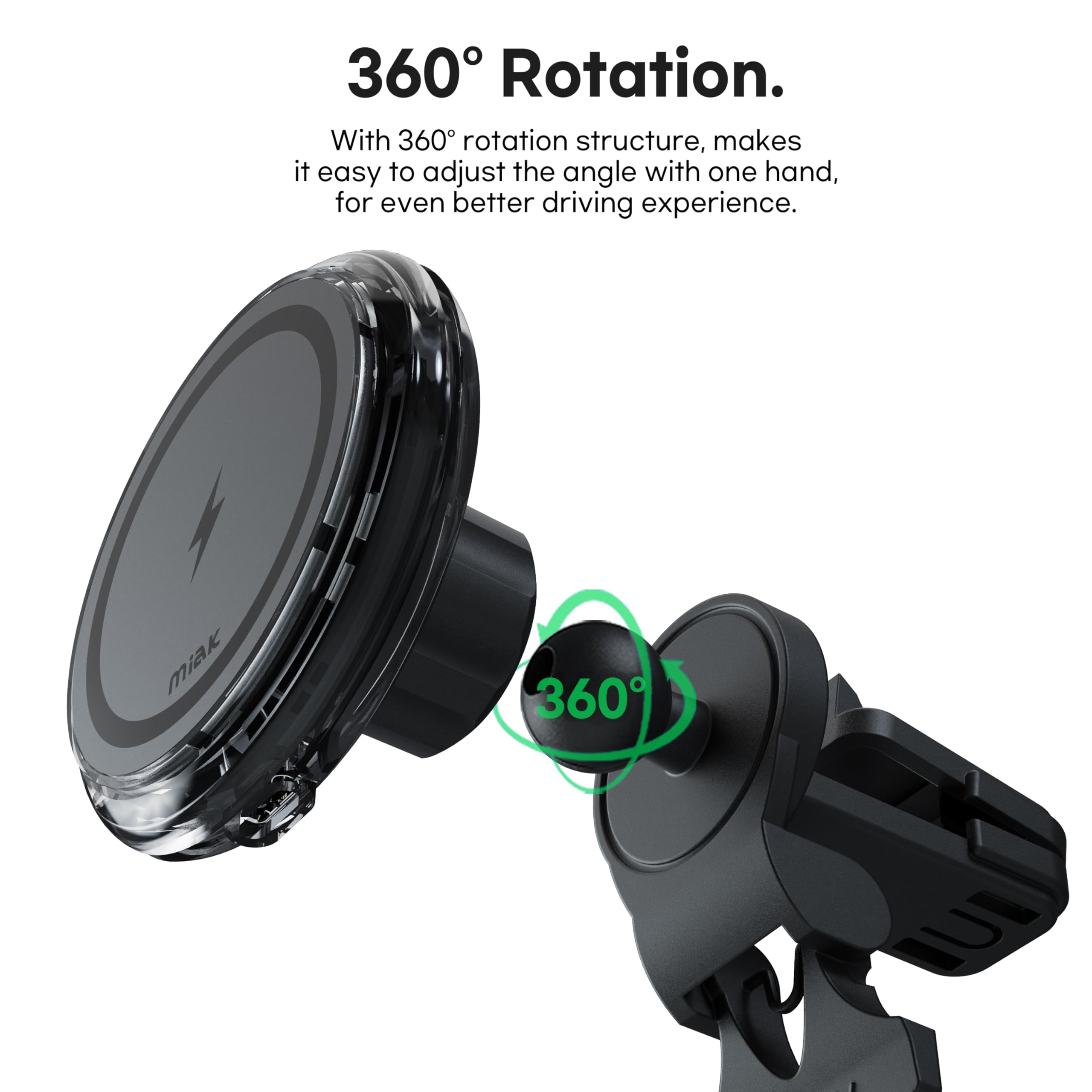 miak for Magsafe Car Mount Charger, Strong Magnet, Wireless 15W Fast Charging Music Reactive LED Car Stand