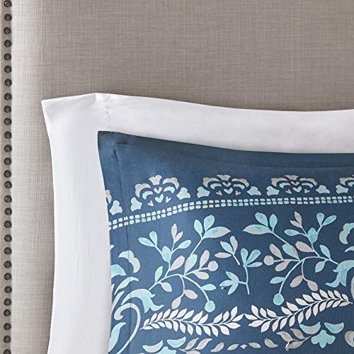 Madison Park Eden 3 Piece Cotton Printed Reversible Duvet Cover Set, Full/Queen(90"x90"), Navy
