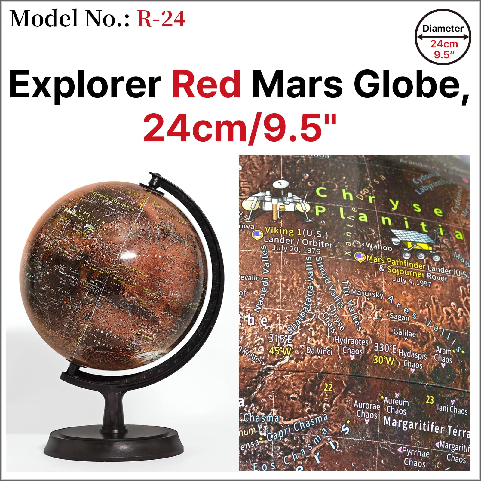 Mapsoft Explorer Mars Globe, 24cm/9.5", R-24, Red Planet, Mars Map, Mars Atlas, Mars Poster