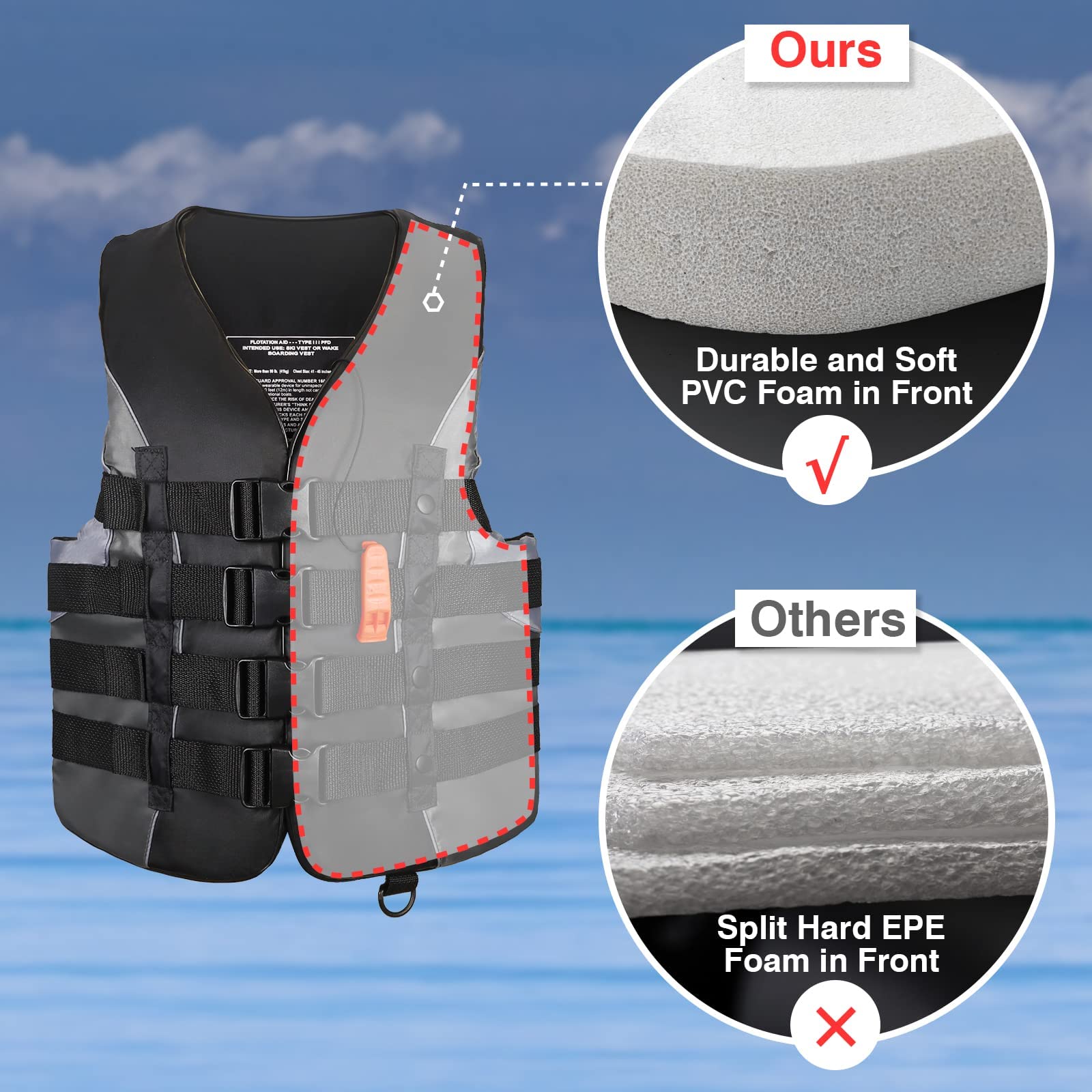 Leader Accessories Adult Universal Personal Flotation Device USCG Approved Life Jacket Vest (Black, 2XL)