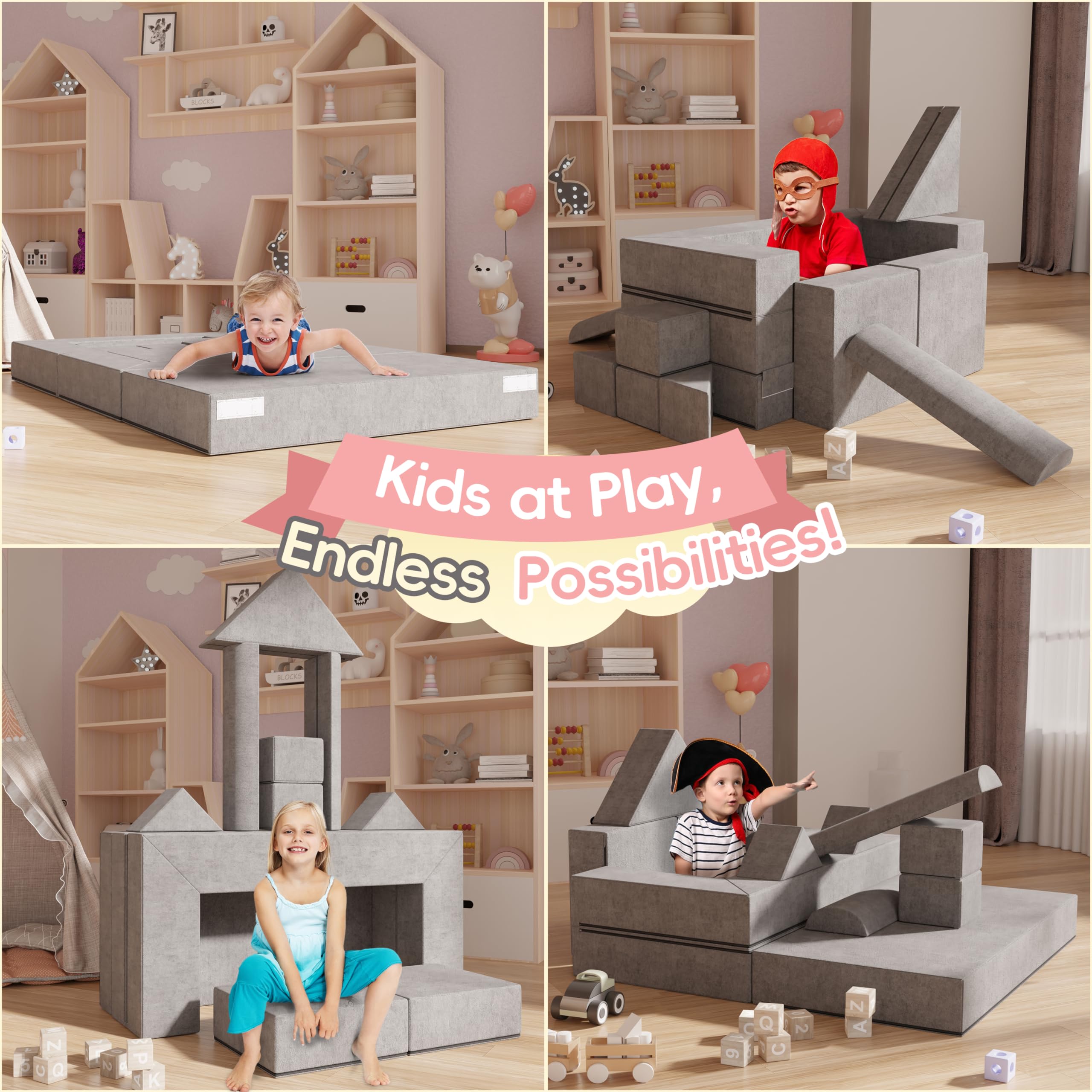 Xilingol Modular Kids Play Couch, Toddler Couch Kids Sofa with Ottomans, Convertible Foam Couch Play Set for Creative Boys & Girls, Kids Couch Building Fort for Playroom & Nursery (Grey)