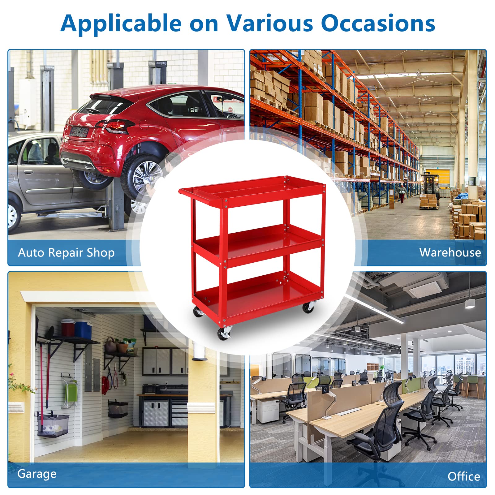 TUFFIOM 3 Tier Rolling Tool Cart, 330 Lbs Capacity, Red, 3 Shelves Steel Utility Cart for Garage, Workshop, Warehouse & Repair Shop