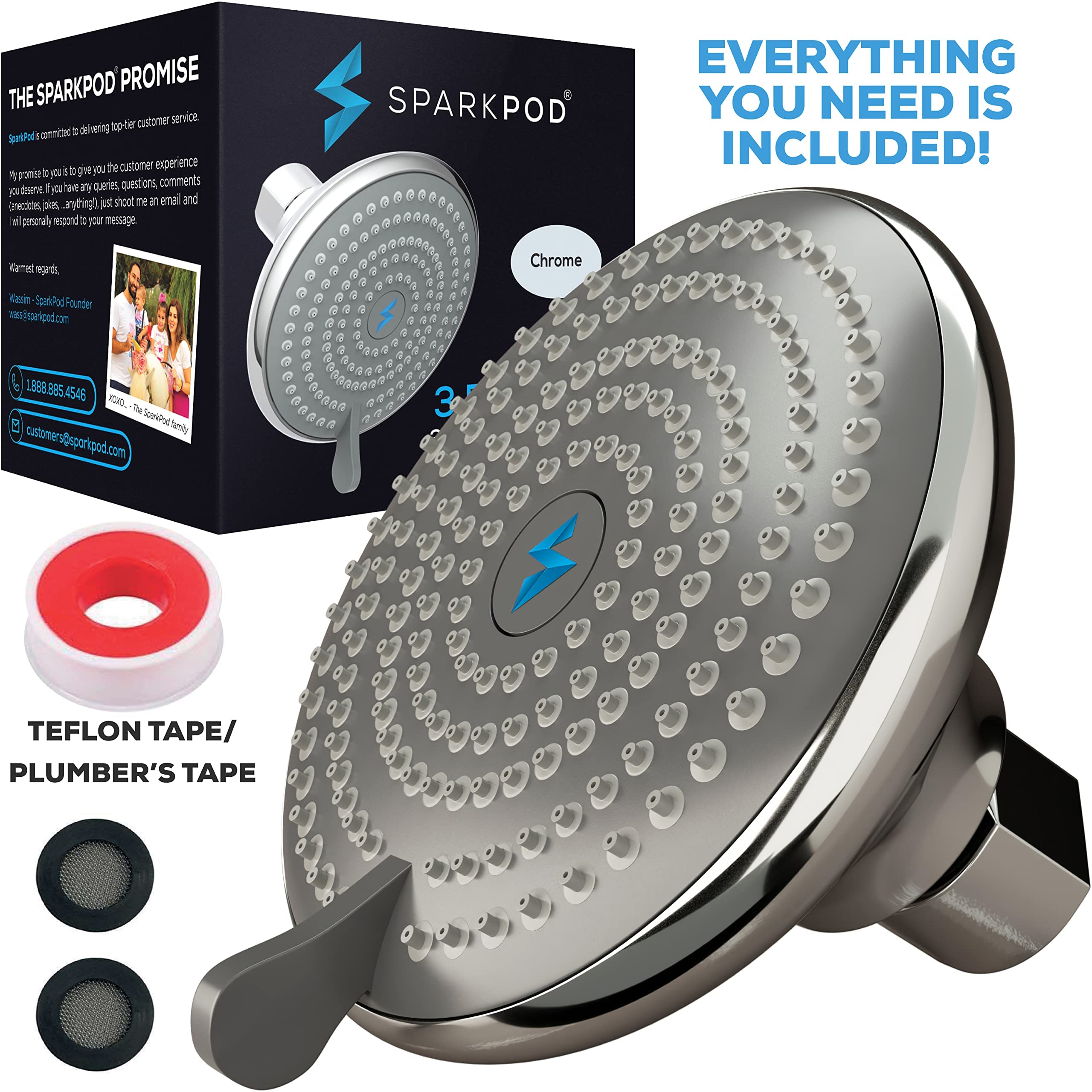 SparkPod High Pressure 3-Function Rain Shower Head - Luxury Modern Look - 3.75" Wide Angle Rainfall Showerhead - No Hassle Tool-less 1-Min Installation (Luxury Polished Chrome)
