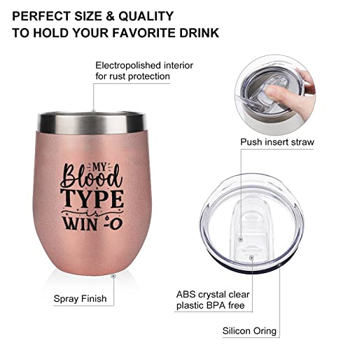 Mighun Wine Tumbler with Lid My Blood Type Is Win Vacuum Coffee Tumbler Stainless Steel Coffee Cup for Cold & Hot Drinks Wine Coffee Cocktails Beer (12 Oz, 1 Pack)